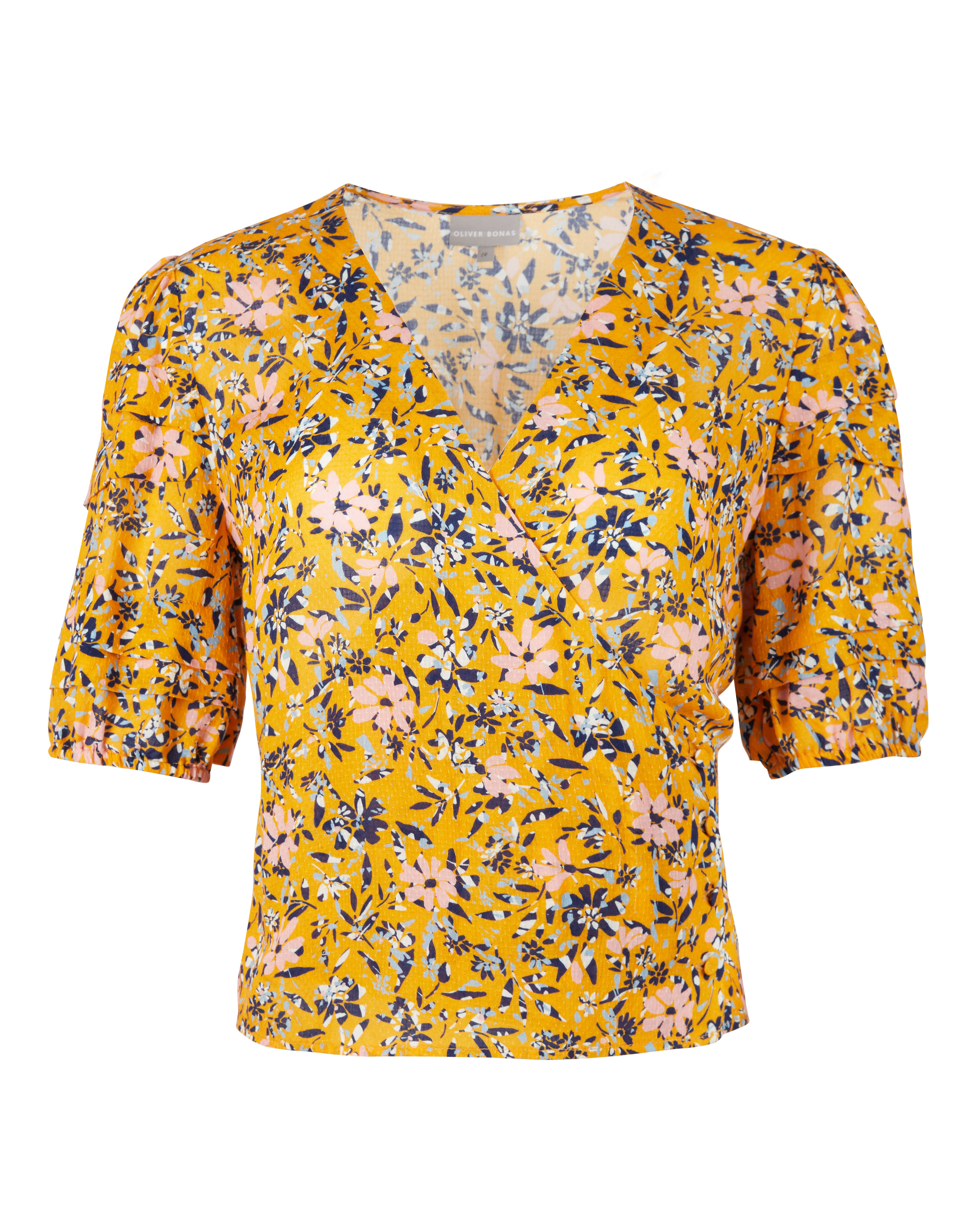 Textured Bloom Floral Print Orange Wrap Top | Oliver Bonas