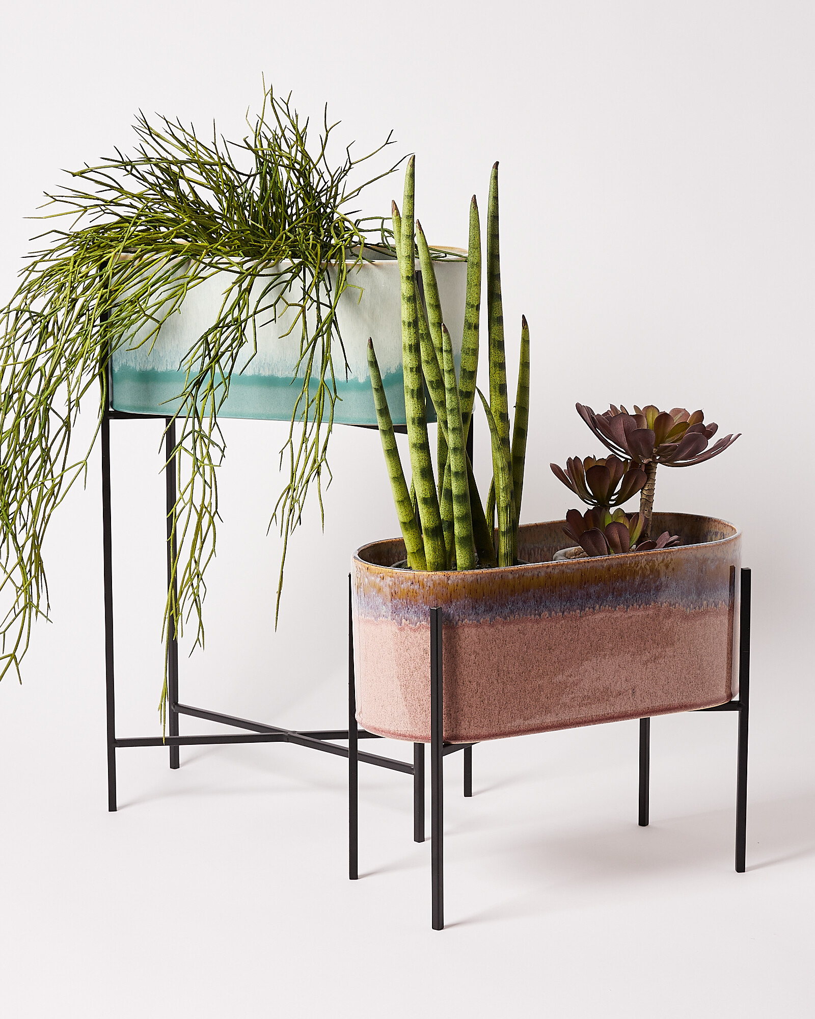 Abuo Long Green Plant Pot & Stand Tall | Oliver Bonas