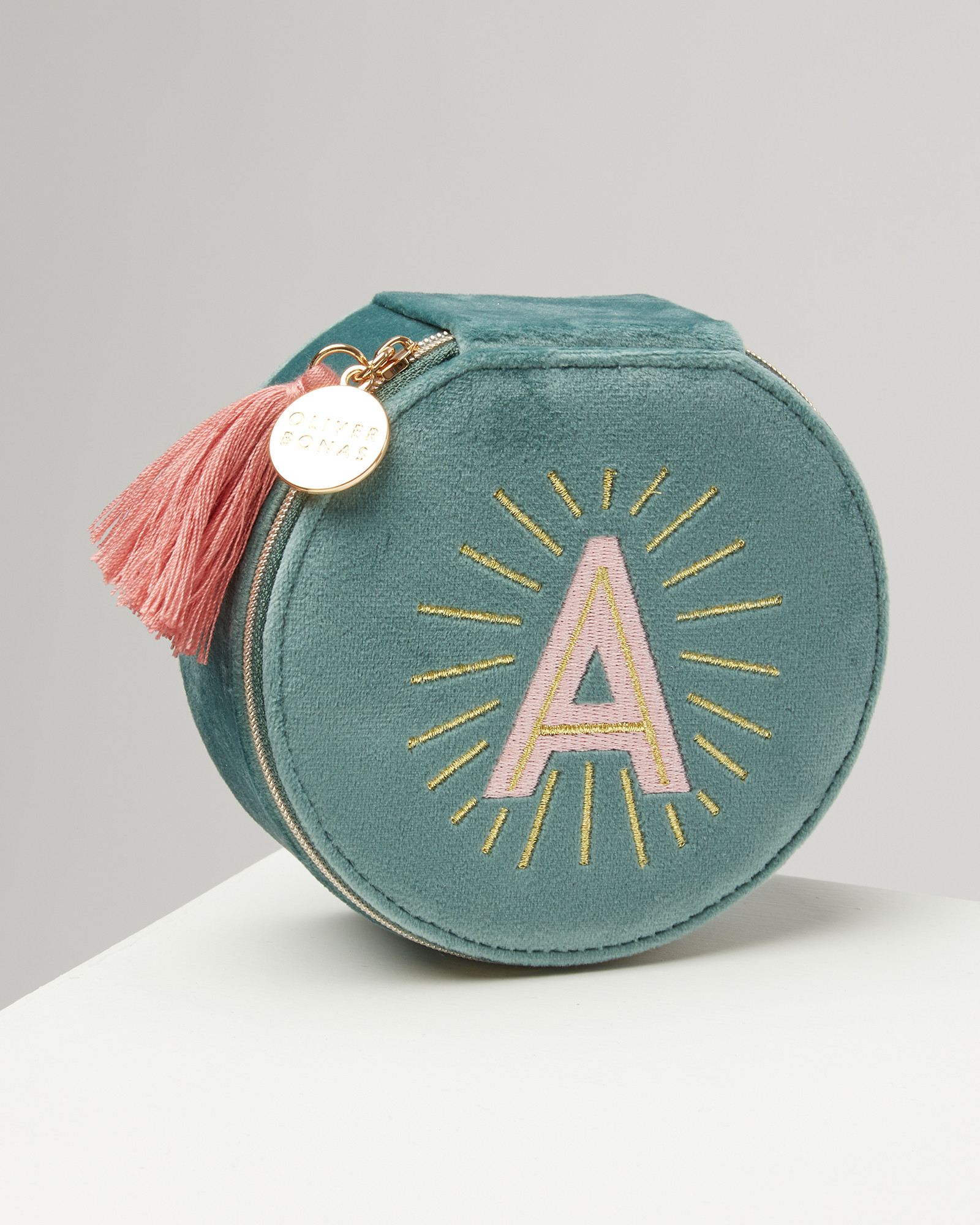 Sol Green Velvet Alphabet Travel Jewellery Box | Oliver Bonas