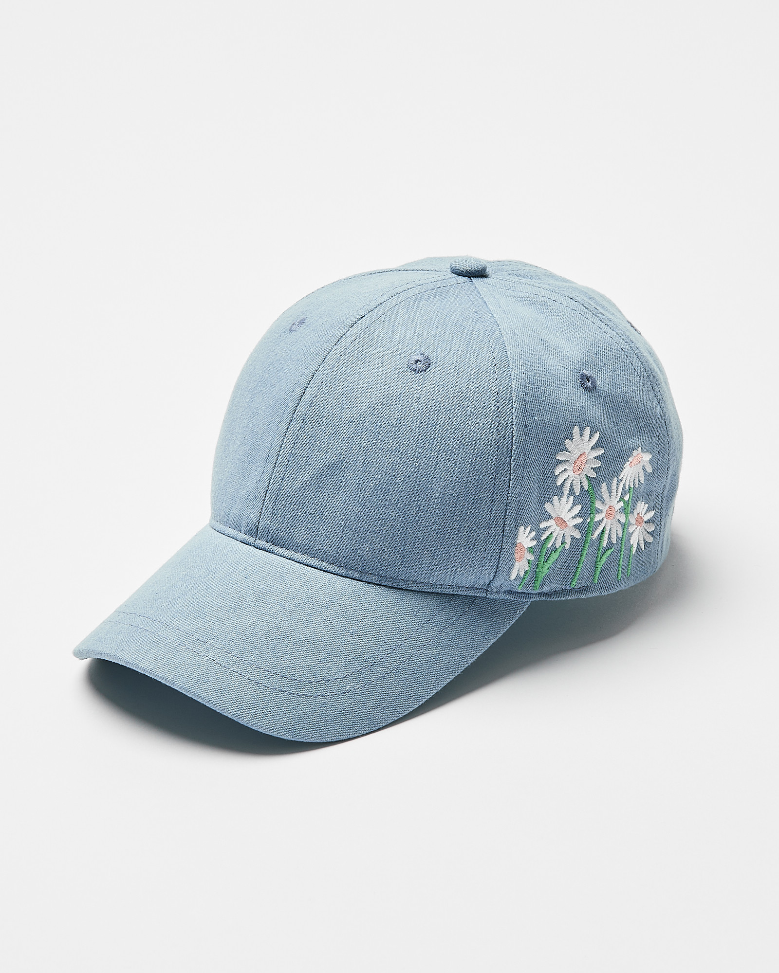 Embroidered Flowers Denim Blue Cap Hat | Oliver Bonas