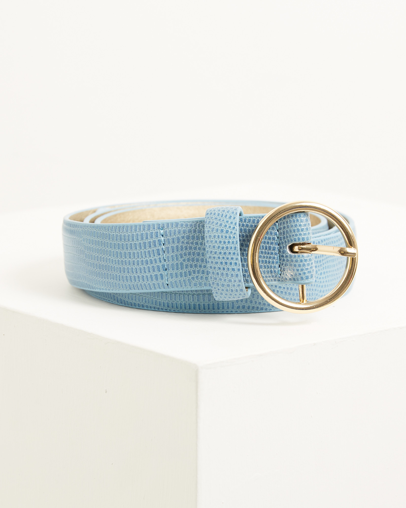 Round Gold Buckle Blue Textured Snake Belt | Oliver Bonas