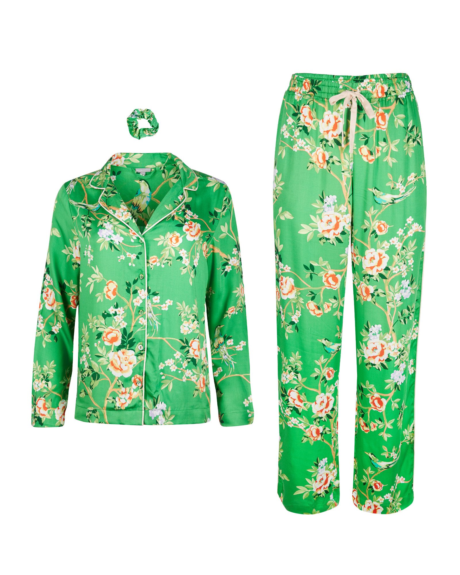 Floral Print Green Shirt, Trousers & Scrunchie Pyjama Set | Oliver Bonas