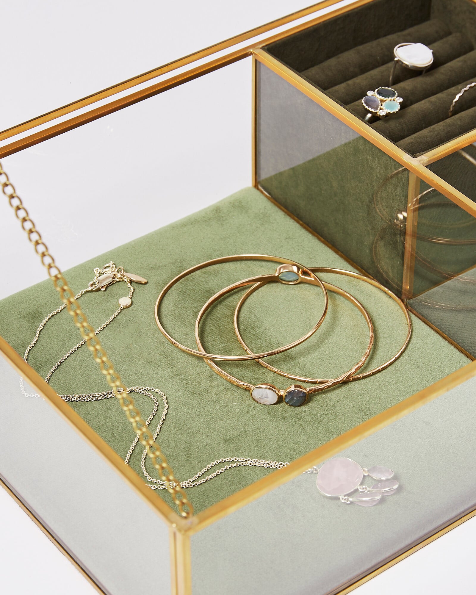 Gold & Glass Green Velvet Jewellery Box Large | Oliver Bonas