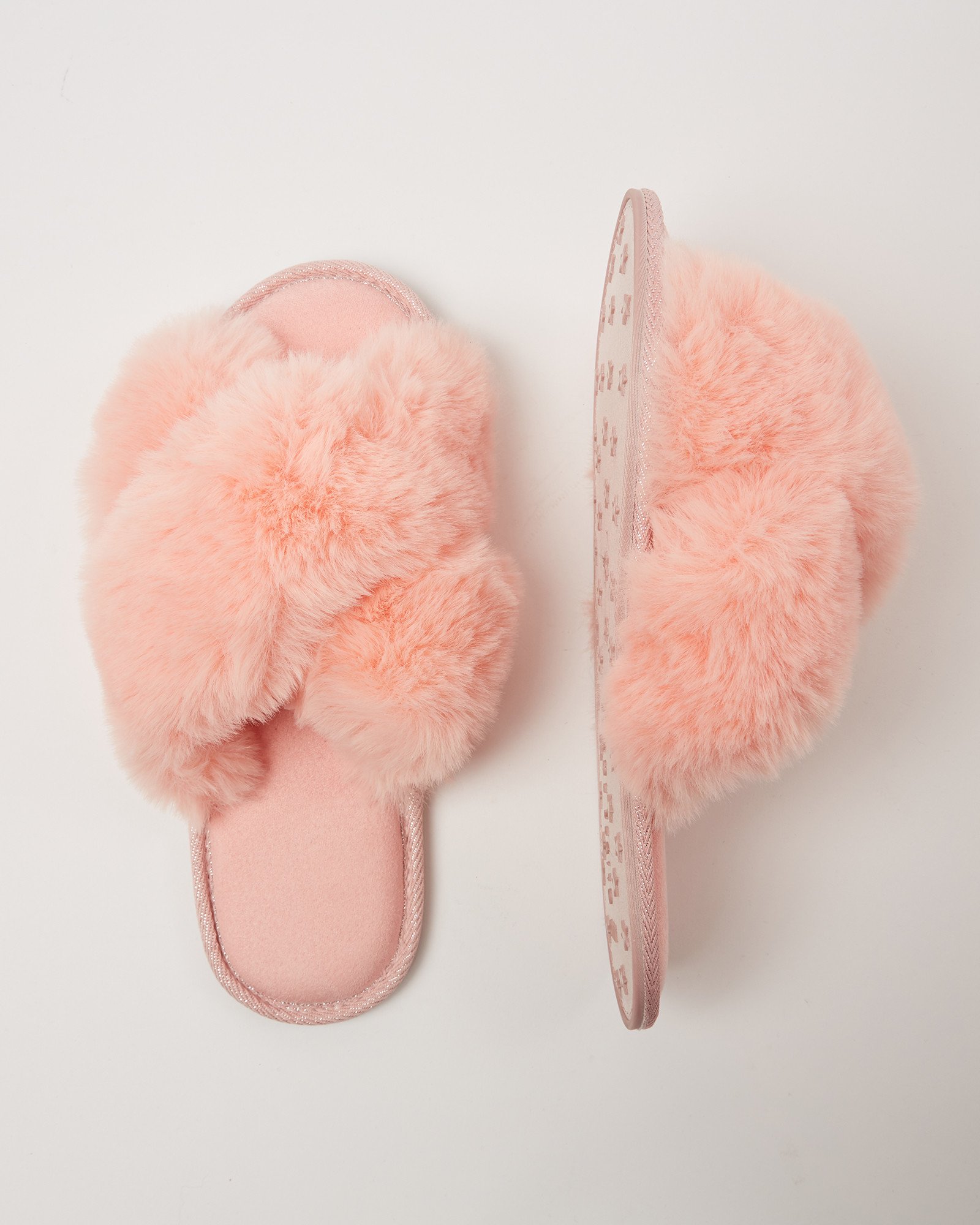 Faux Fur Pink Crossover Slippers | Oliver Bonas