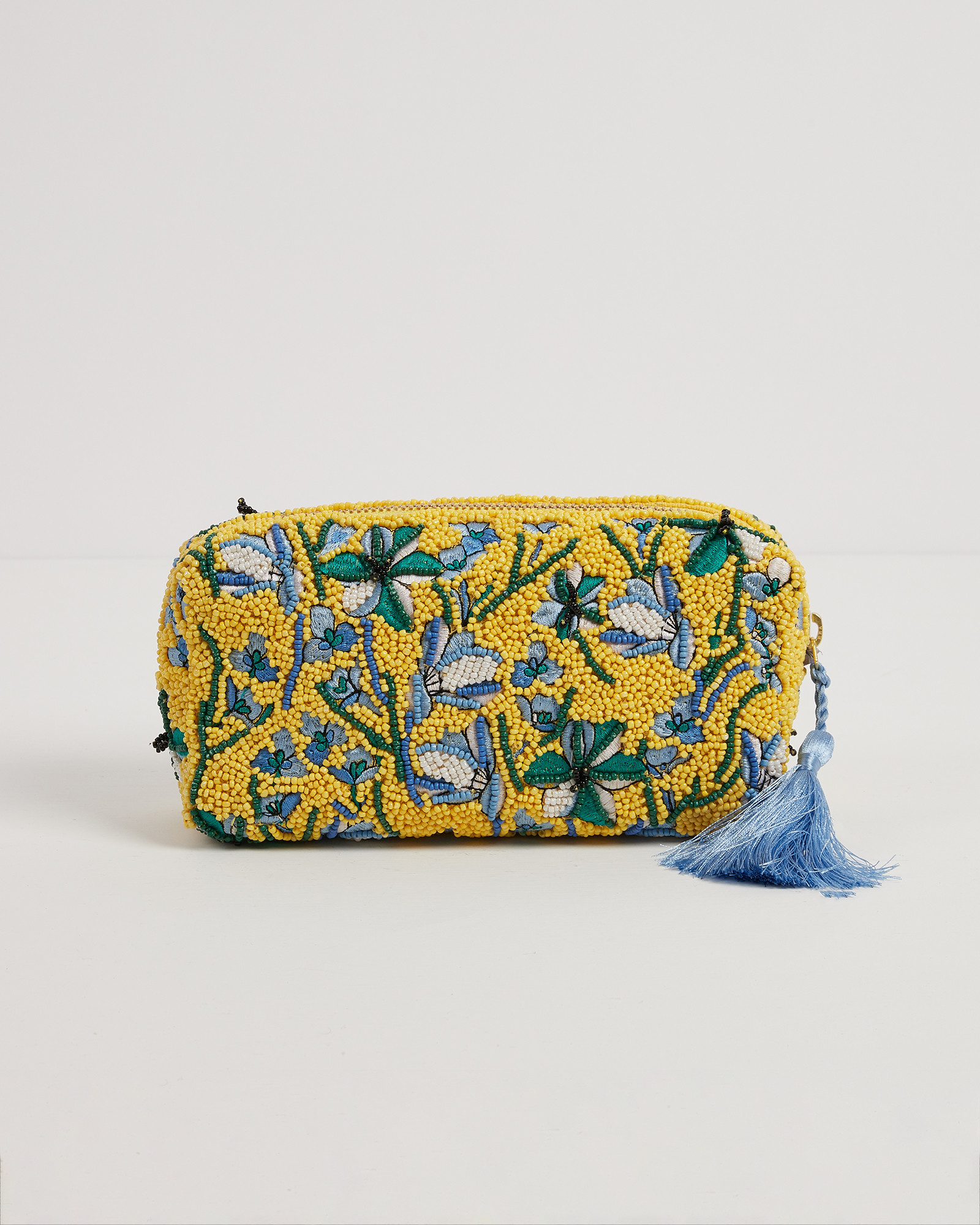 Beaded Floral Yellow Rectangular Zipped Pouch | Oliver Bonas