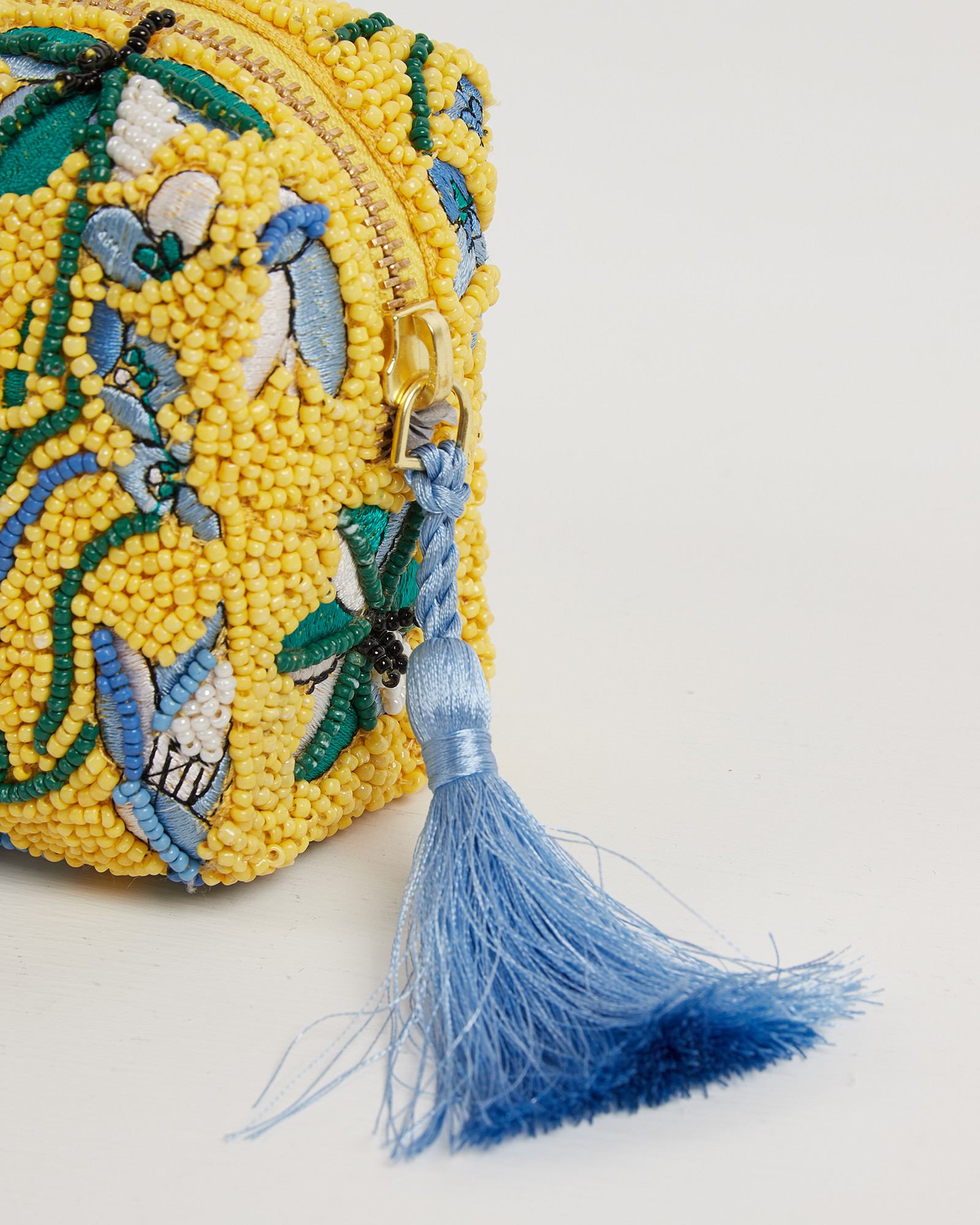 Beaded Floral Yellow Rectangular Zipped Pouch | Oliver Bonas