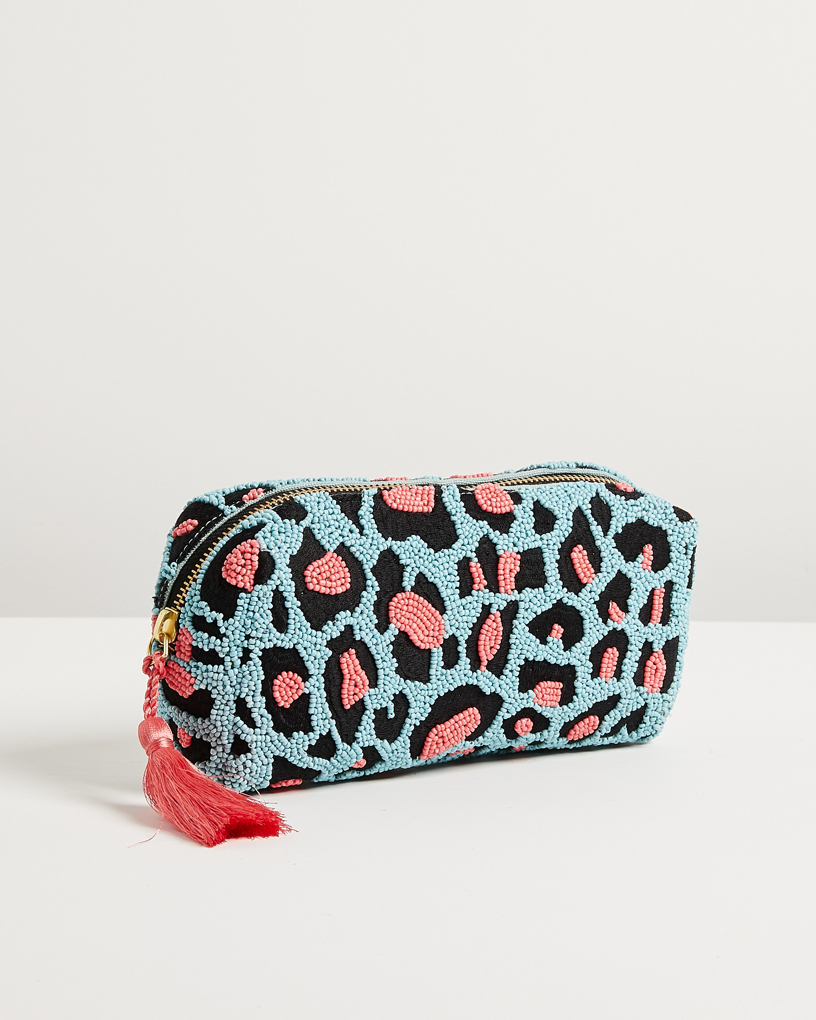Beaded Leopard Spot Pink & Blue Rectangular Zipped Pouch | Oliver Bonas
