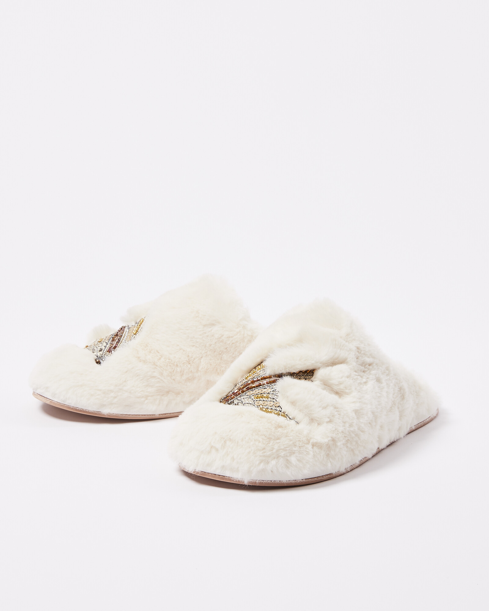 Embellished Bird & White Faux Fur Slippers | Oliver Bonas
