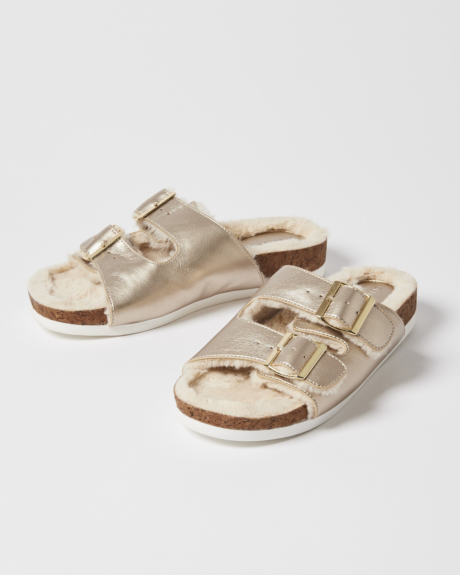 Metallic Golden Buckle & Faux Fur Cork Slippers | Oliver Bonas