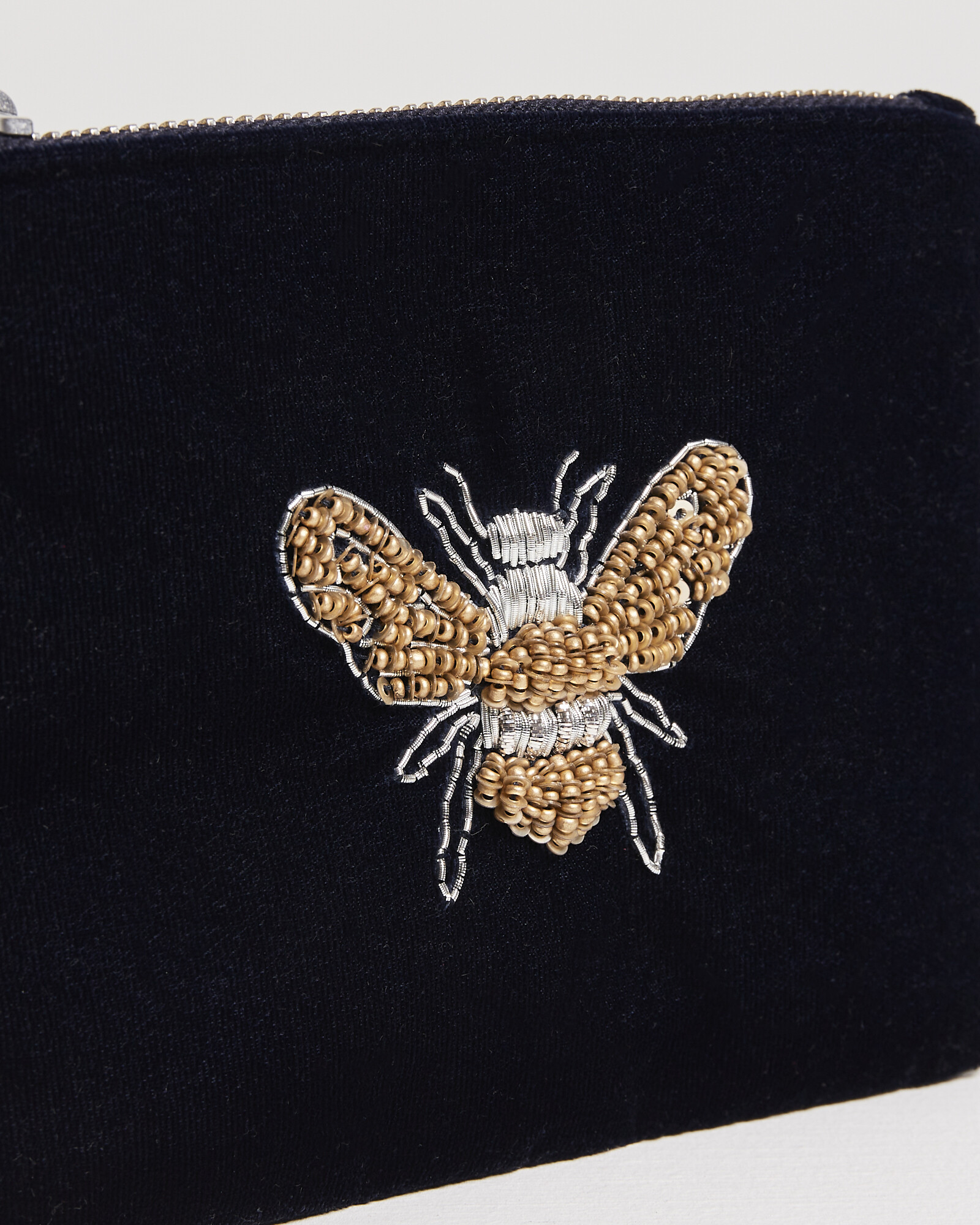 Beaded Bee Chain Blue Velvet Zipped Pouch | Oliver Bonas