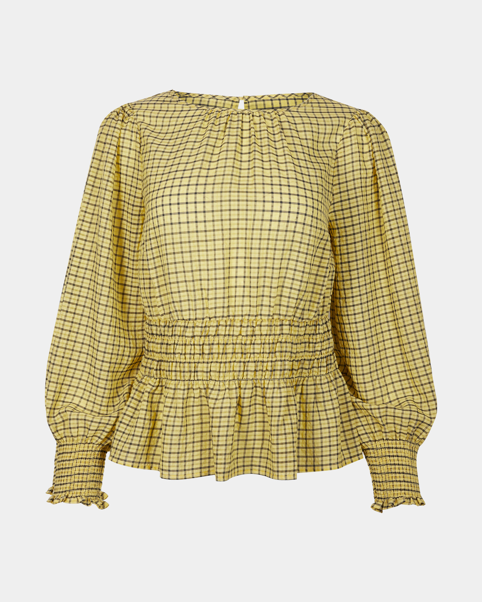 Check Print & Shirred Waist Yellow Blouse | Oliver Bonas