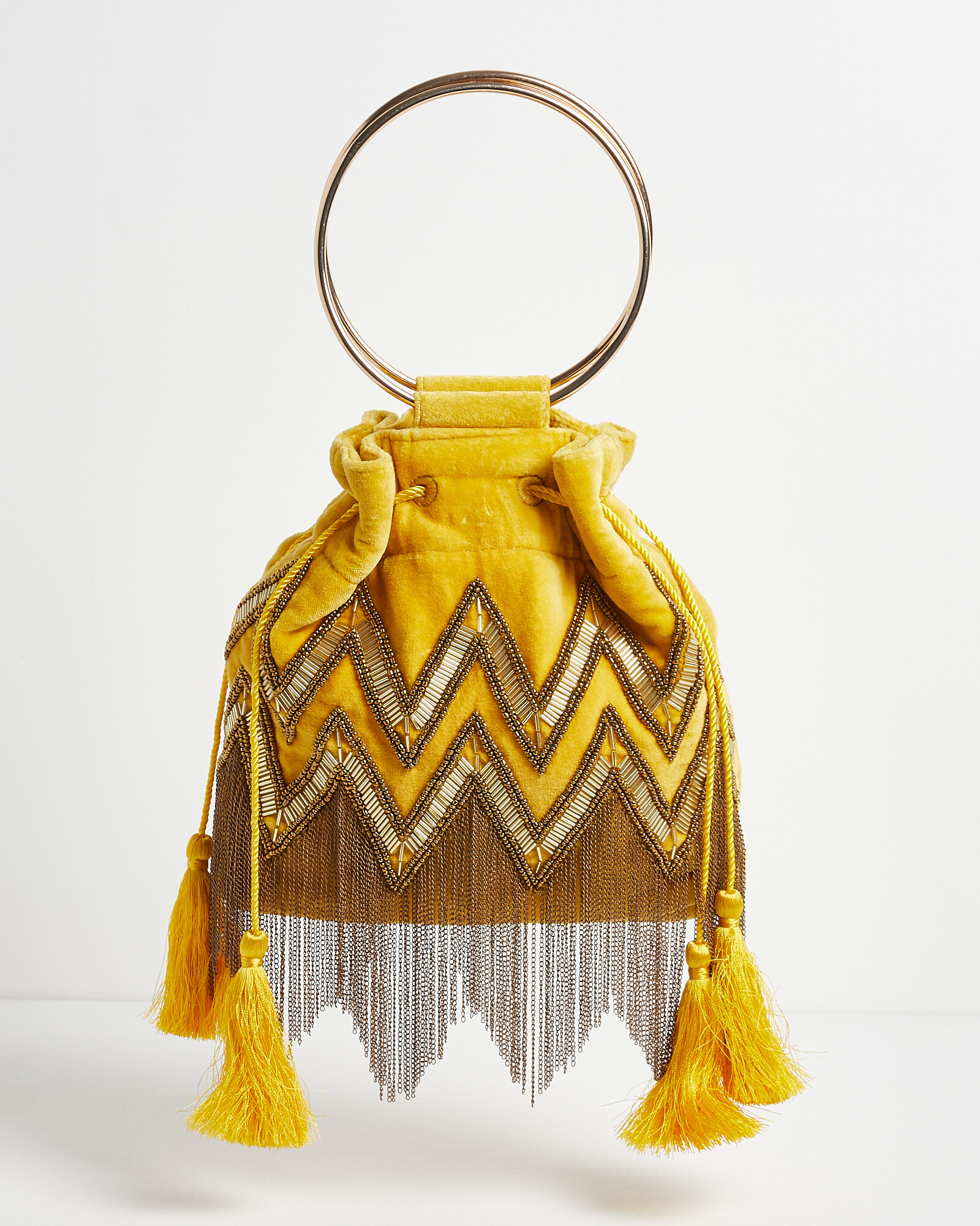 Oattie Beaded Chevron Tassel & Yellow Velvet Clutch Bag | Oliver Bonas