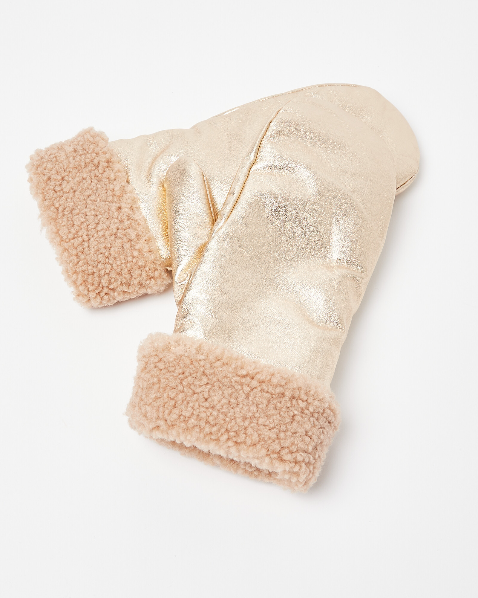 Borg Faux Shearling & Gold Leather Mittens | Oliver Bonas