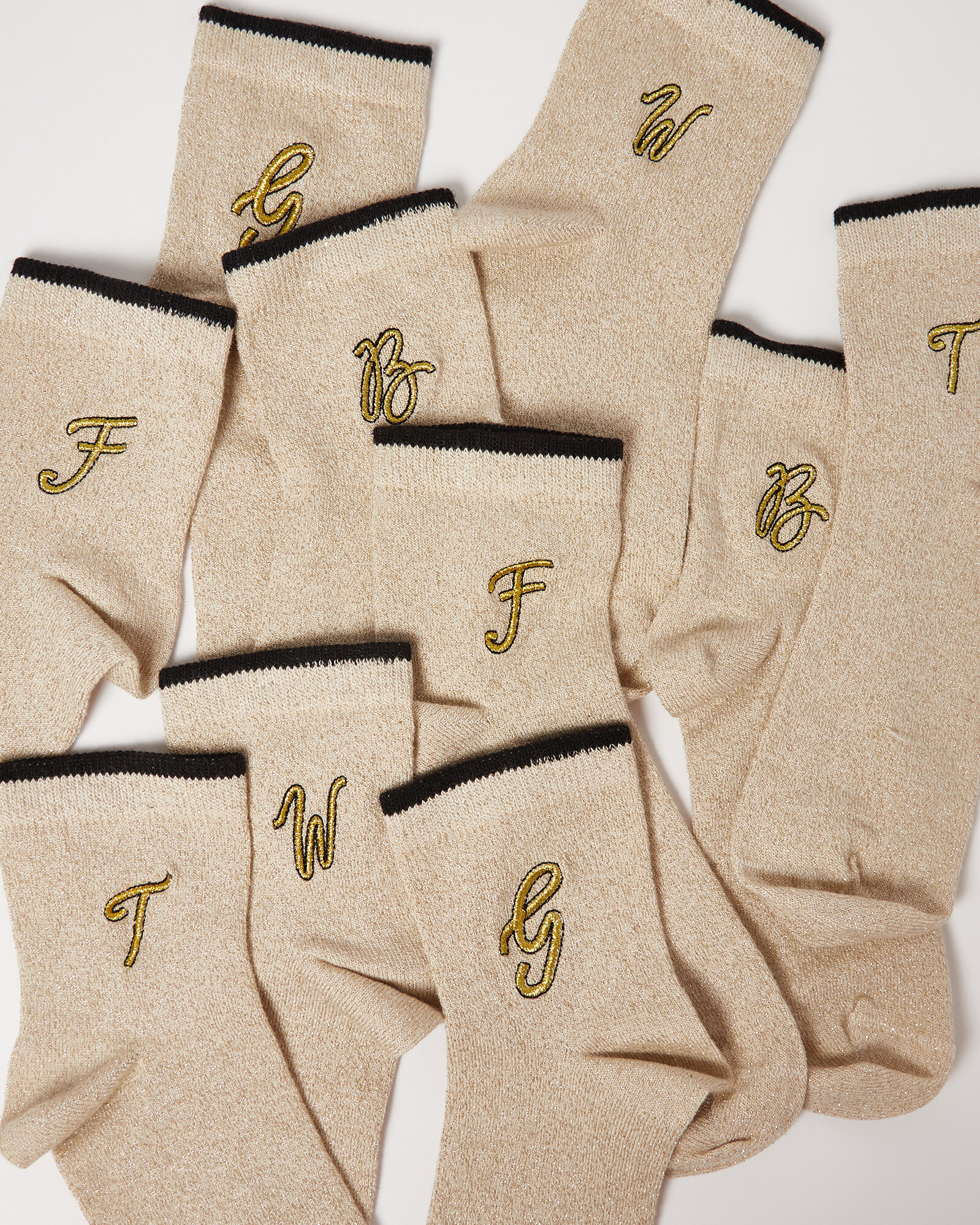 Embroidered Alphabet Letter Gold & Black Shimmer Ankle Socks | Oliver Bonas
