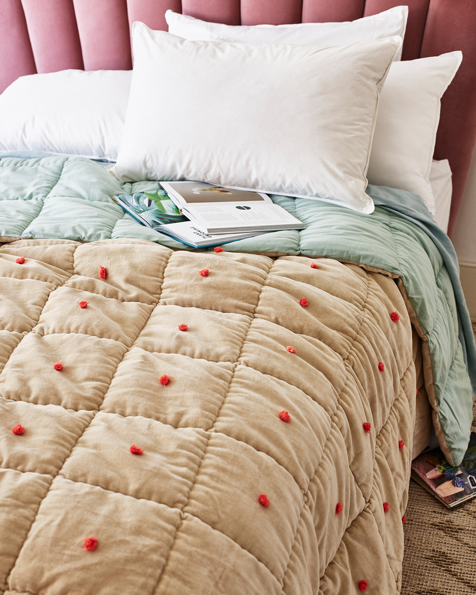 Chloe Mint & Beige Velvet Tufted Bedspread | Oliver Bonas