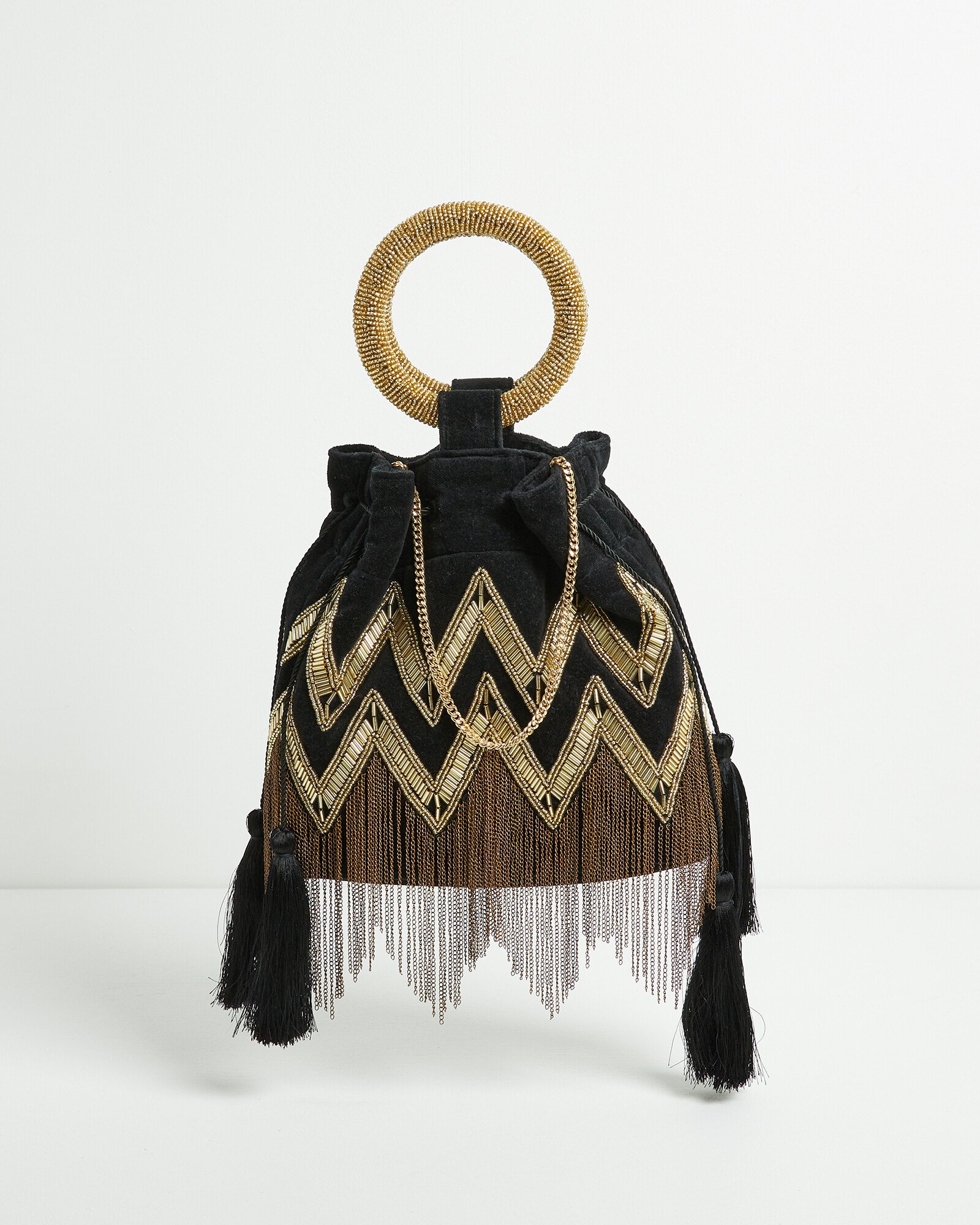Oattie Beaded Chevron Tassel & Black Velvet Clutch Bag | Oliver Bonas