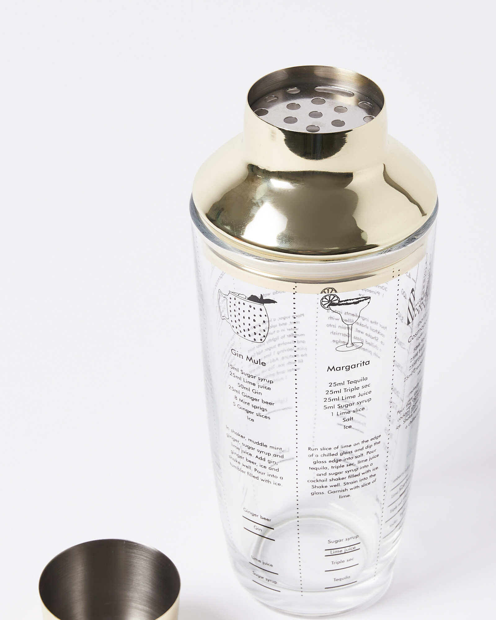 Glass & Gold Metal Cocktail Recipe Shaker | Oliver Bonas