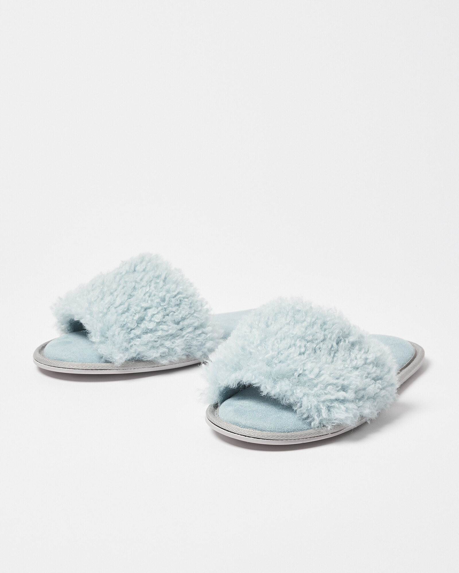 Borg Blue Faux Sheepskin Strap Slippers | Oliver Bonas