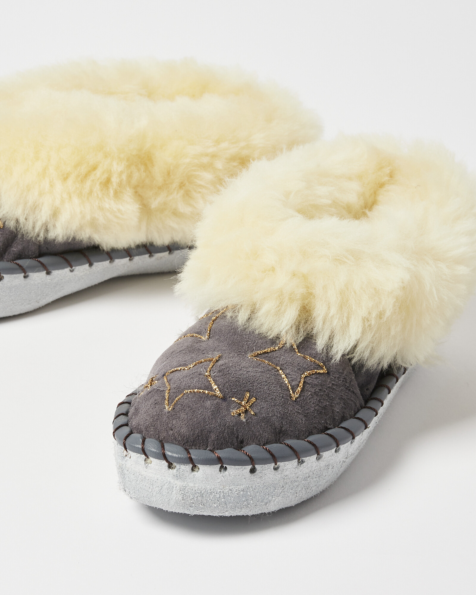 ONAIE Embroidered Star Grey Sheepskin Slippers | Oliver Bonas