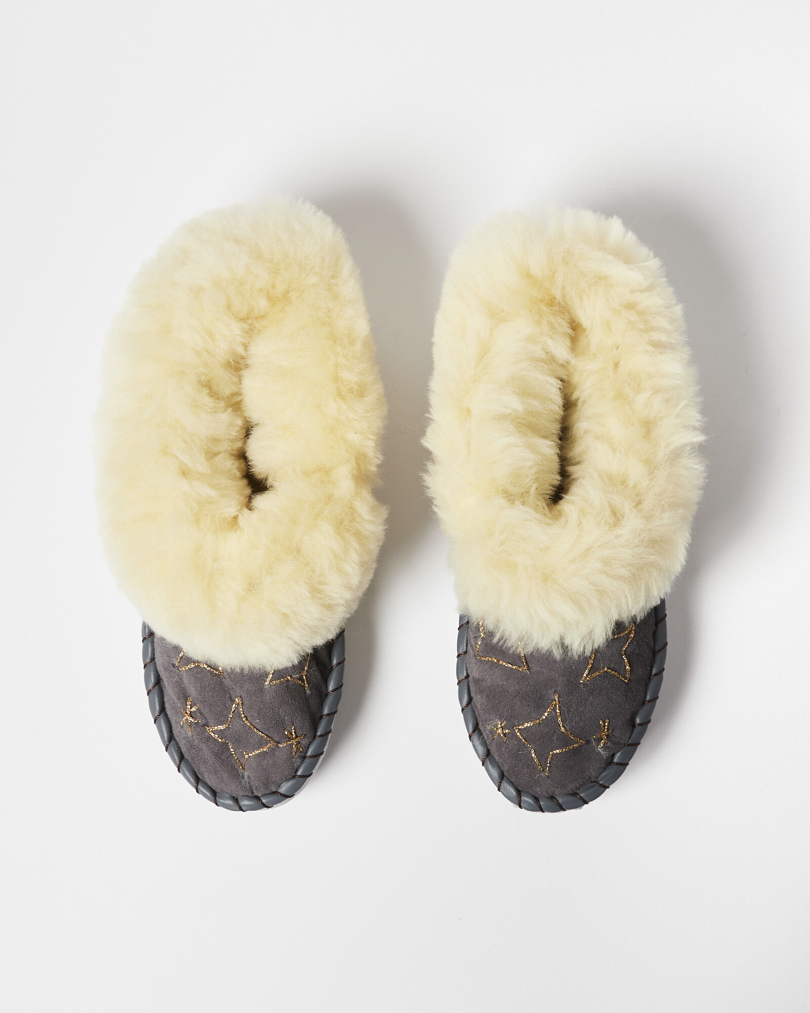 ONAIE Embroidered Star Grey Sheepskin Slippers | Oliver Bonas