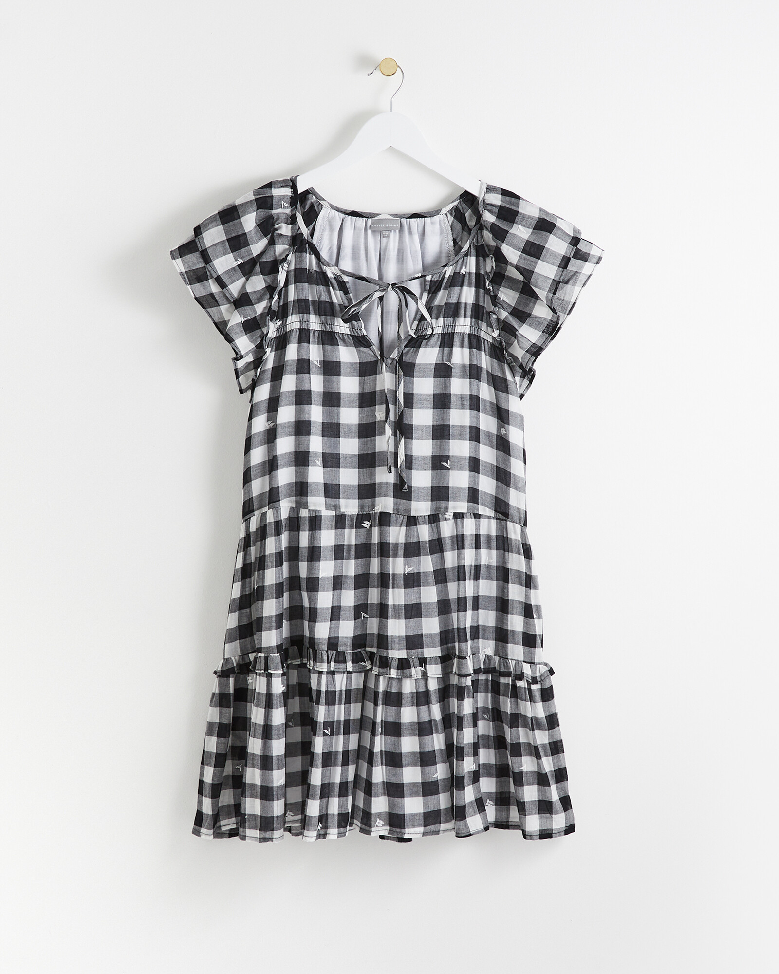 Embroidered Gingham Frill Black & White Mini Dress | Oliver Bonas
