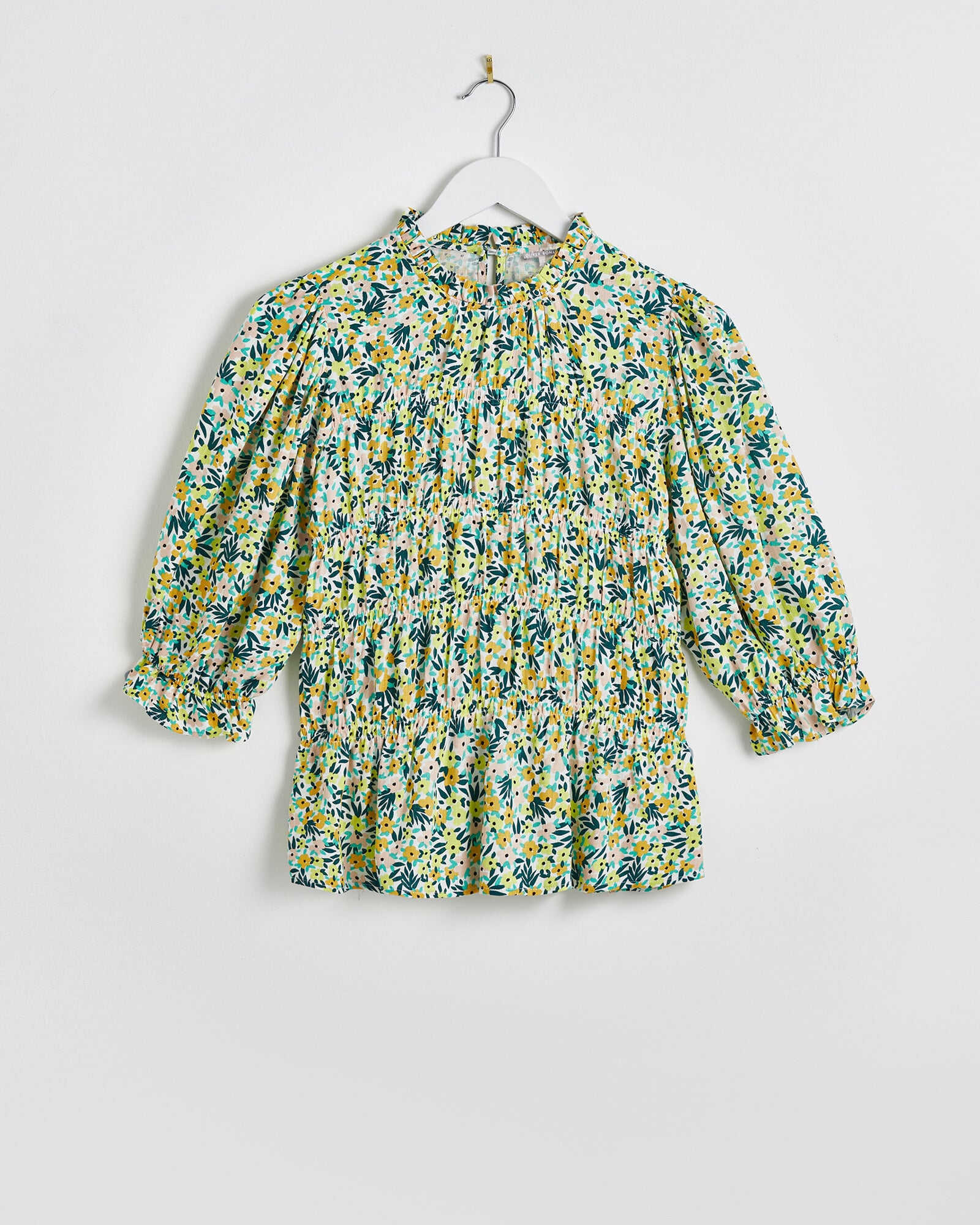 Floral Print Yellow Shirred Blouse | Oliver Bonas