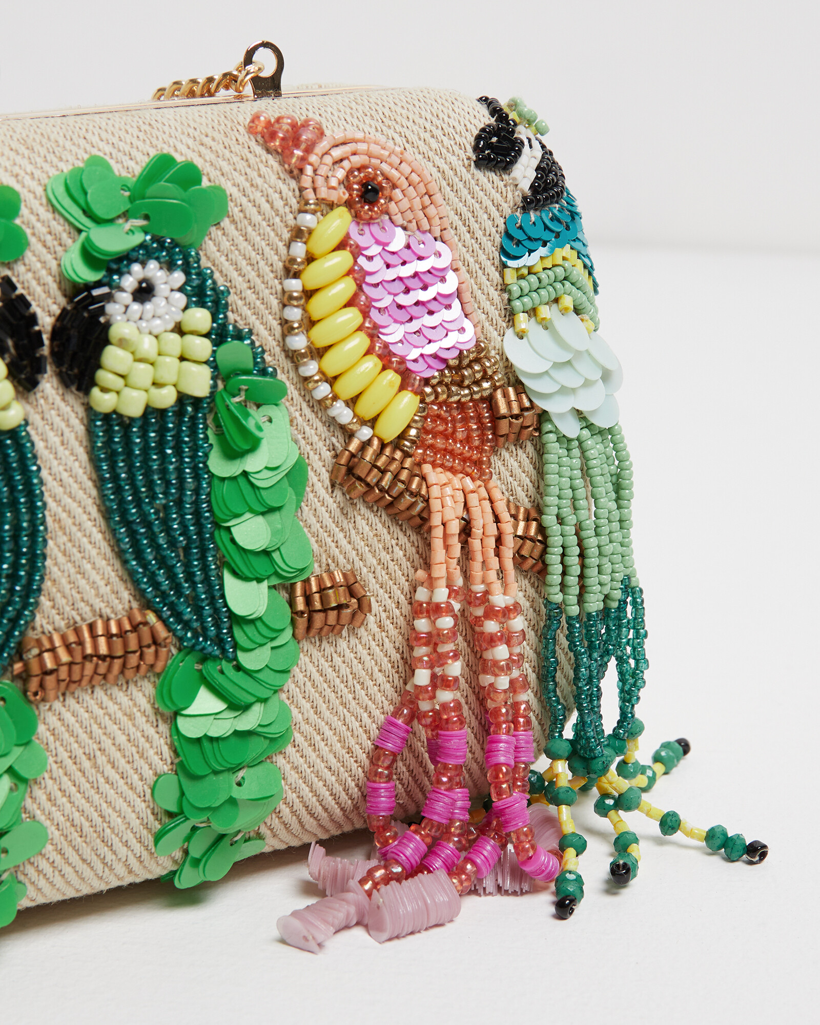 Penny Parrot Beaded Pink Clutch Bag | Oliver Bonas