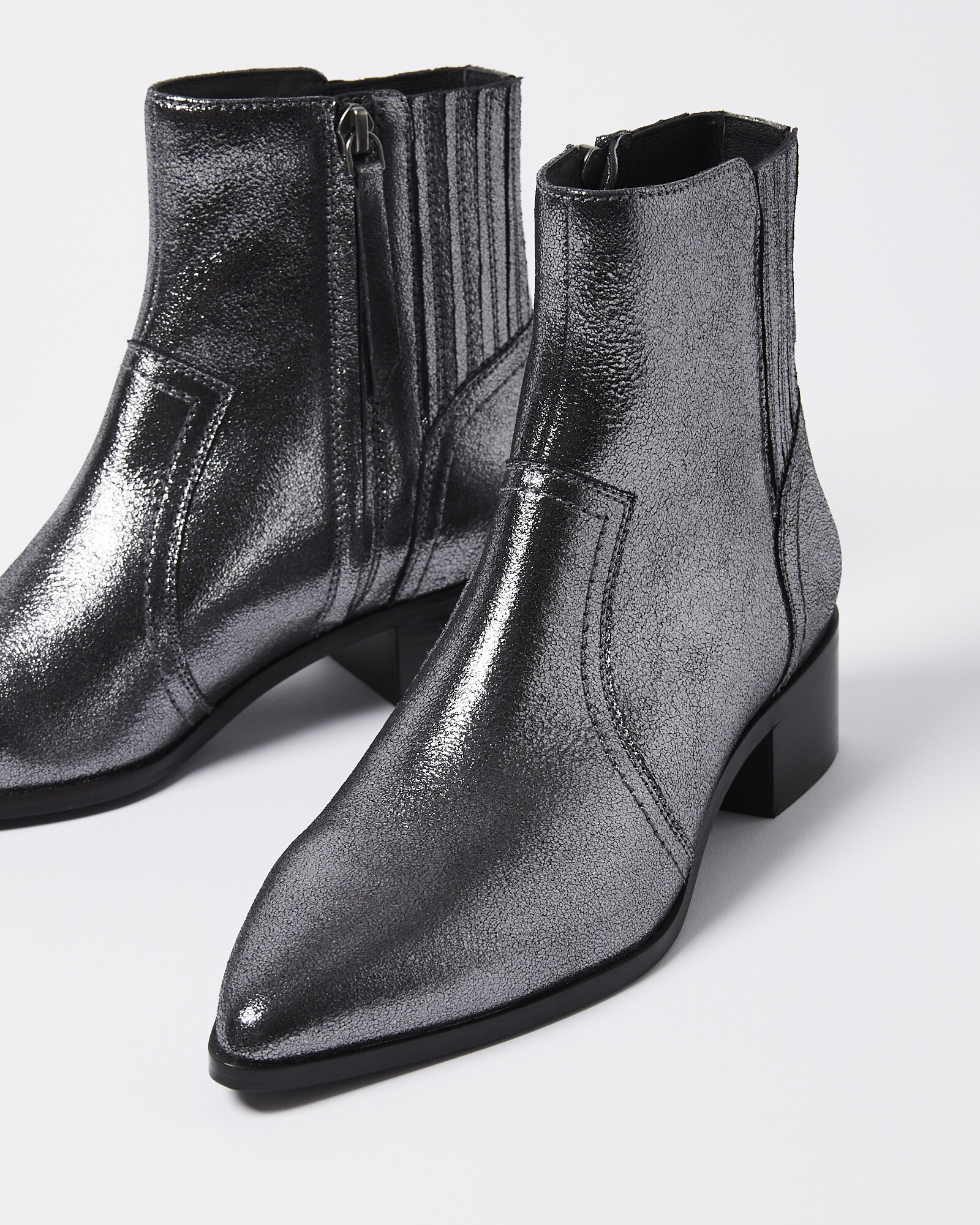 Metallic Silver Leather Western Ankle Boots | Oliver Bonas