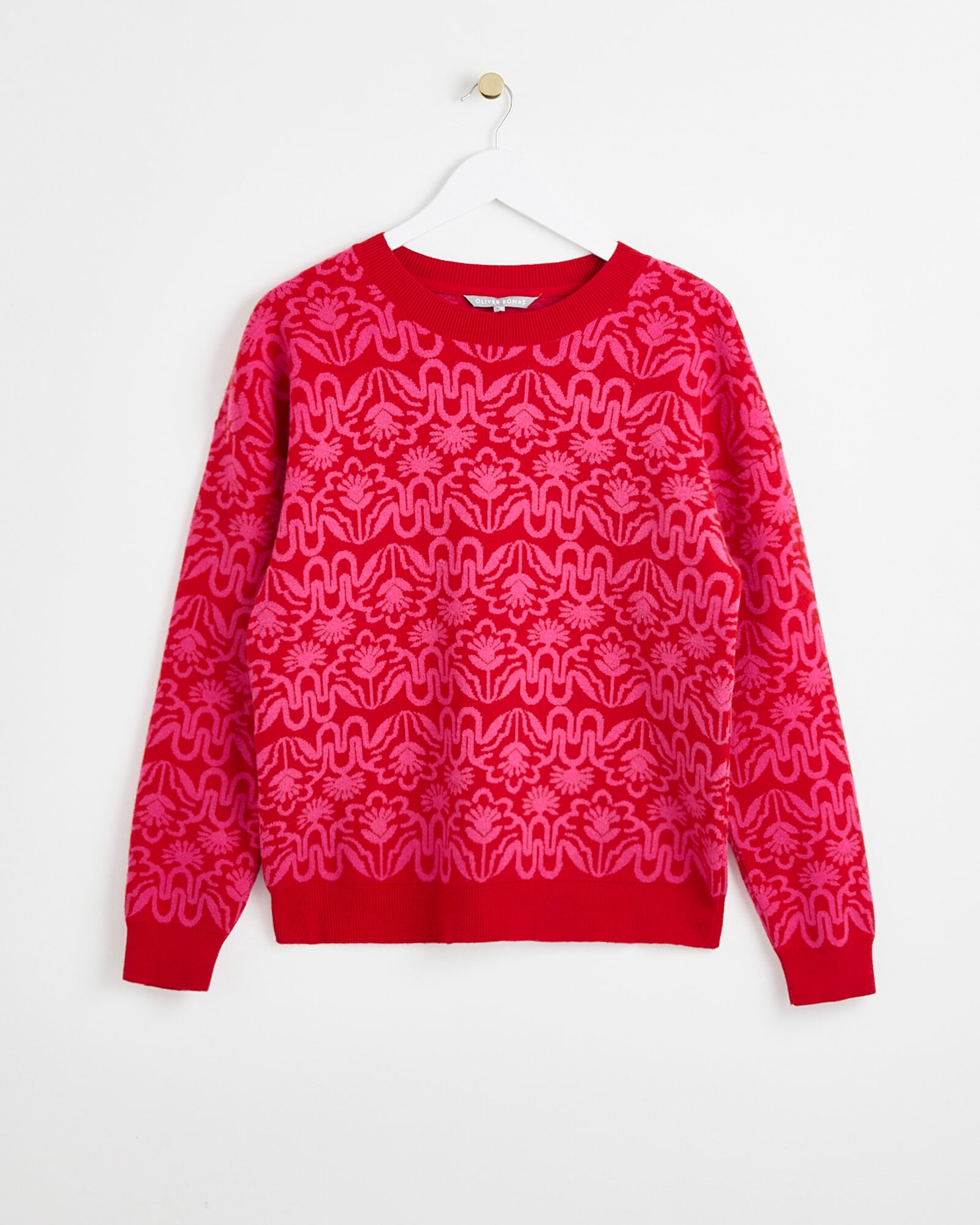 Raspberry Geometric Floral Print Pink Knitted Jumper | Oliver Bonas