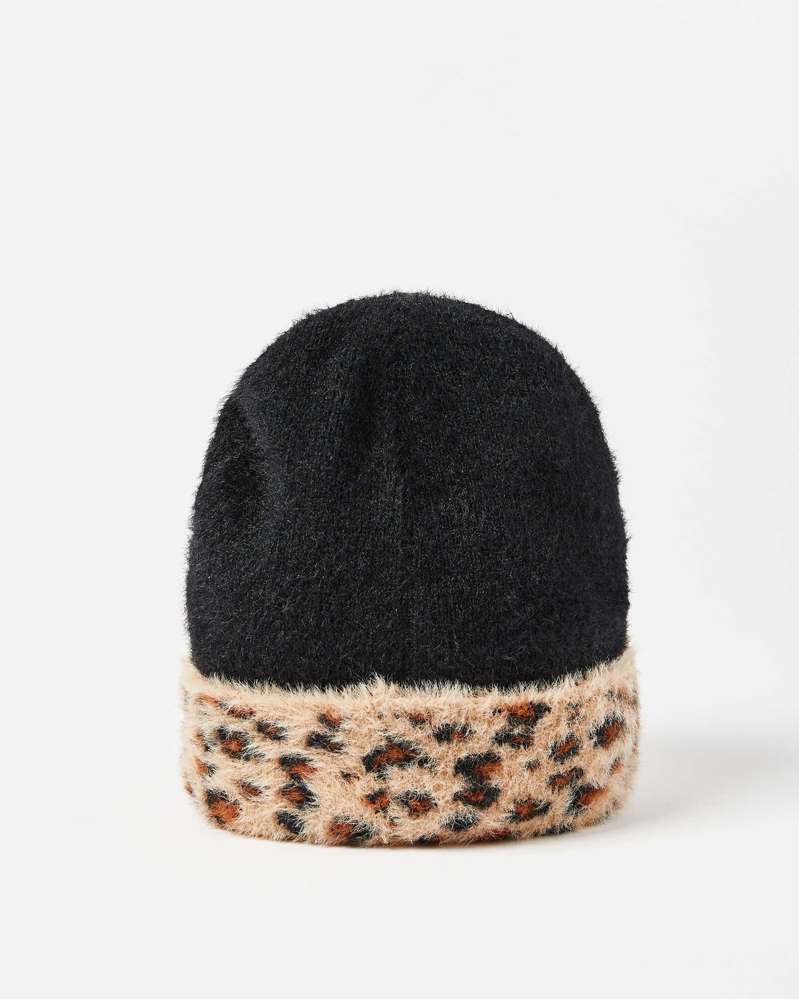 Fluffy Animal Print Black Beanie Hat | Oliver Bonas