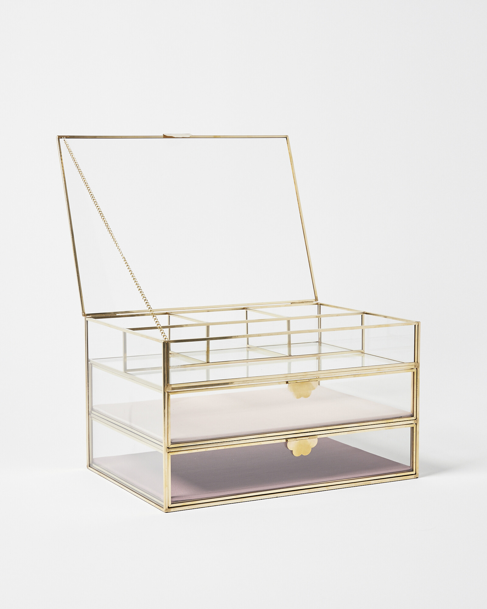 Gold & Glass Pink Satin Two Tier Jewellery Box | Oliver Bonas