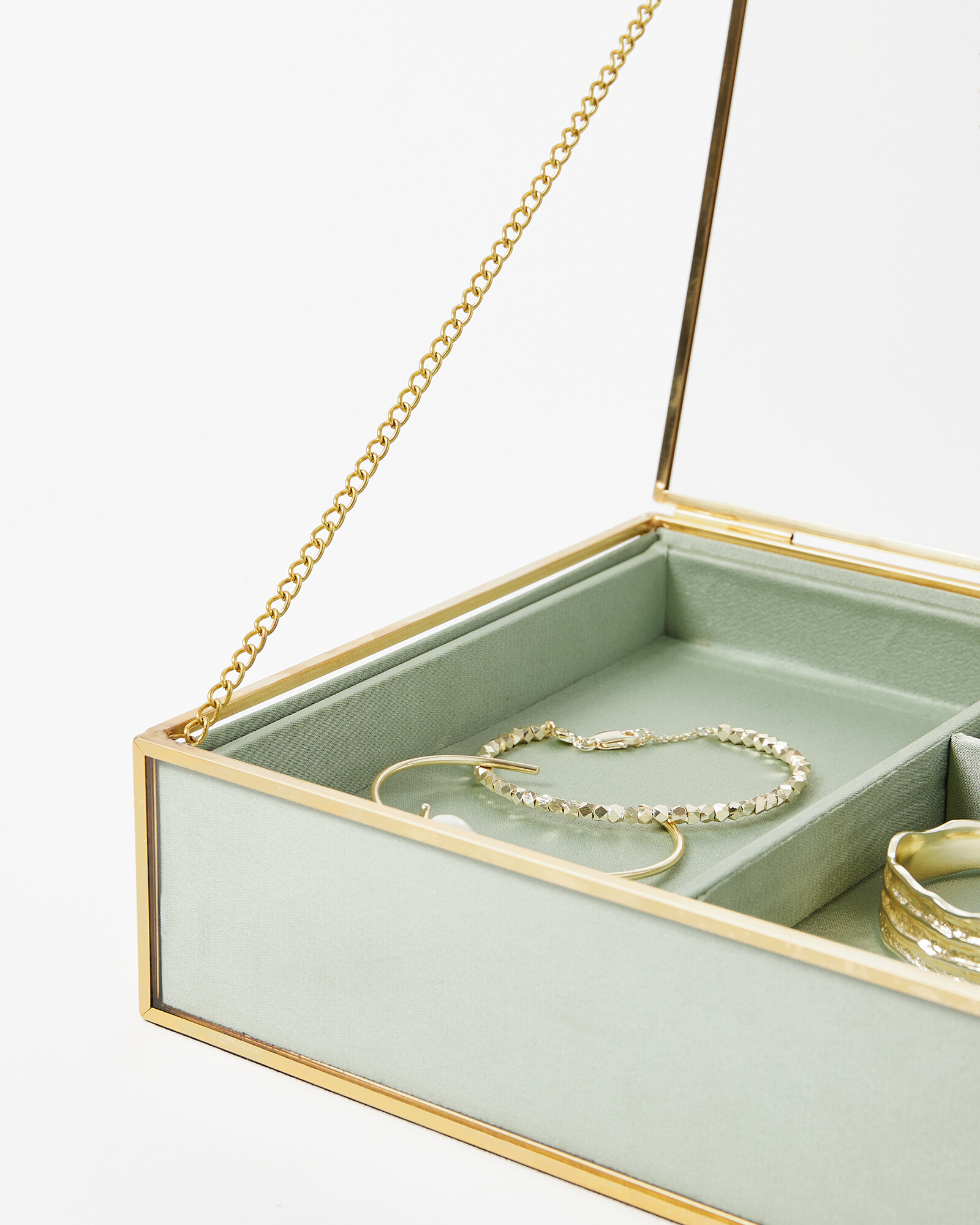 Gold & Glass Green Satin Jewellery Box | Oliver Bonas