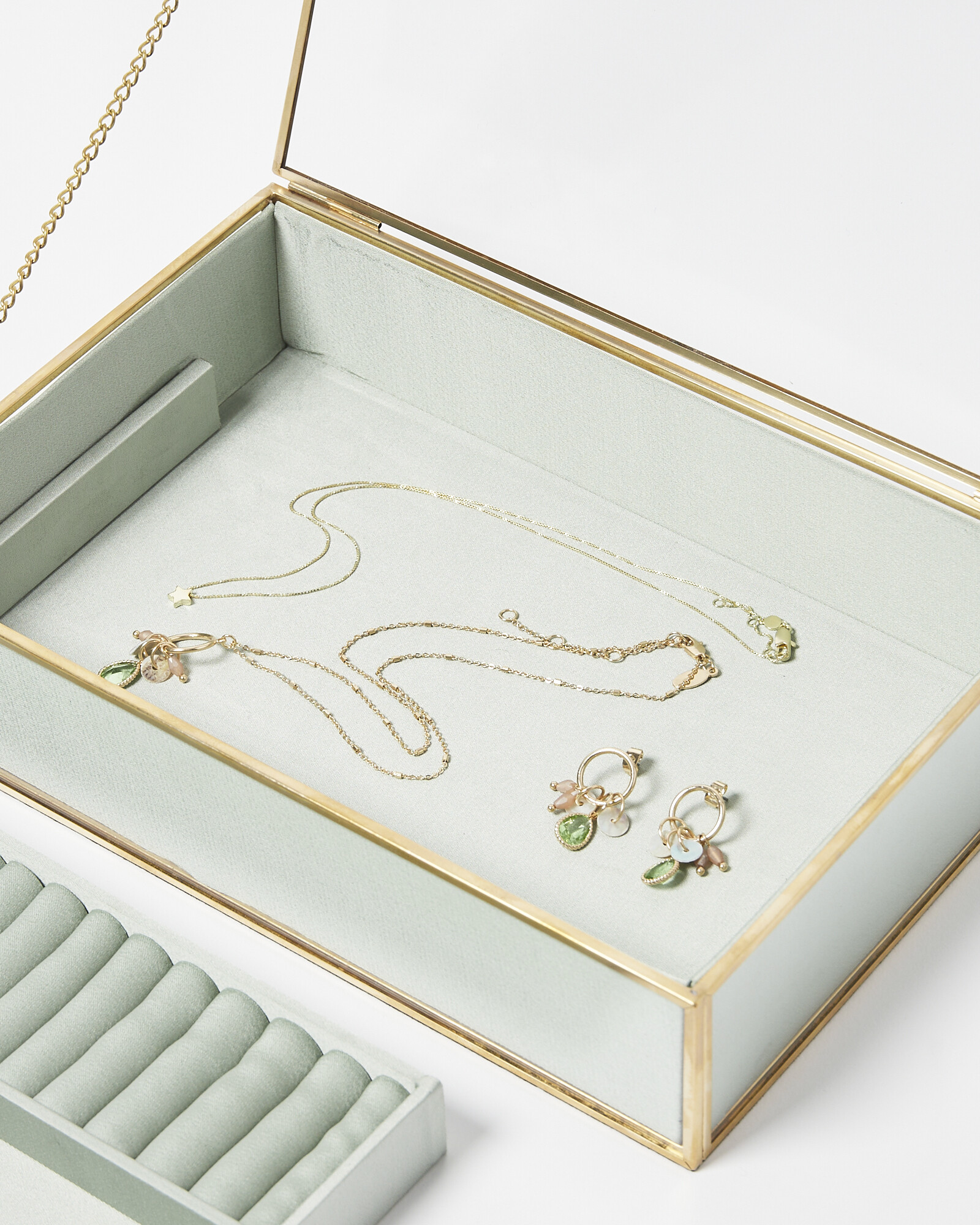 Gold & Glass Green Satin Jewellery Box | Oliver Bonas