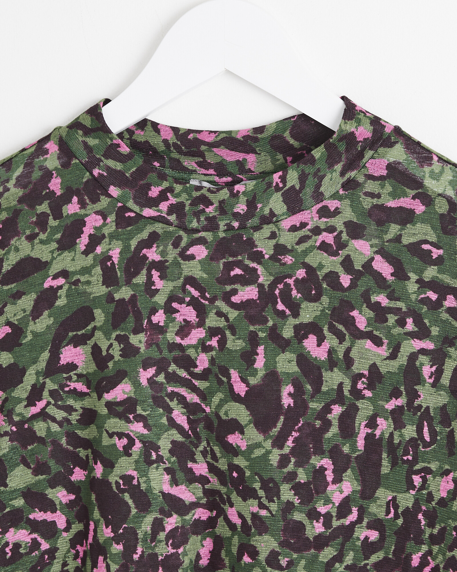 Sleeping Leopard Print Green Mesh Long Sleeve Top | Oliver Bonas