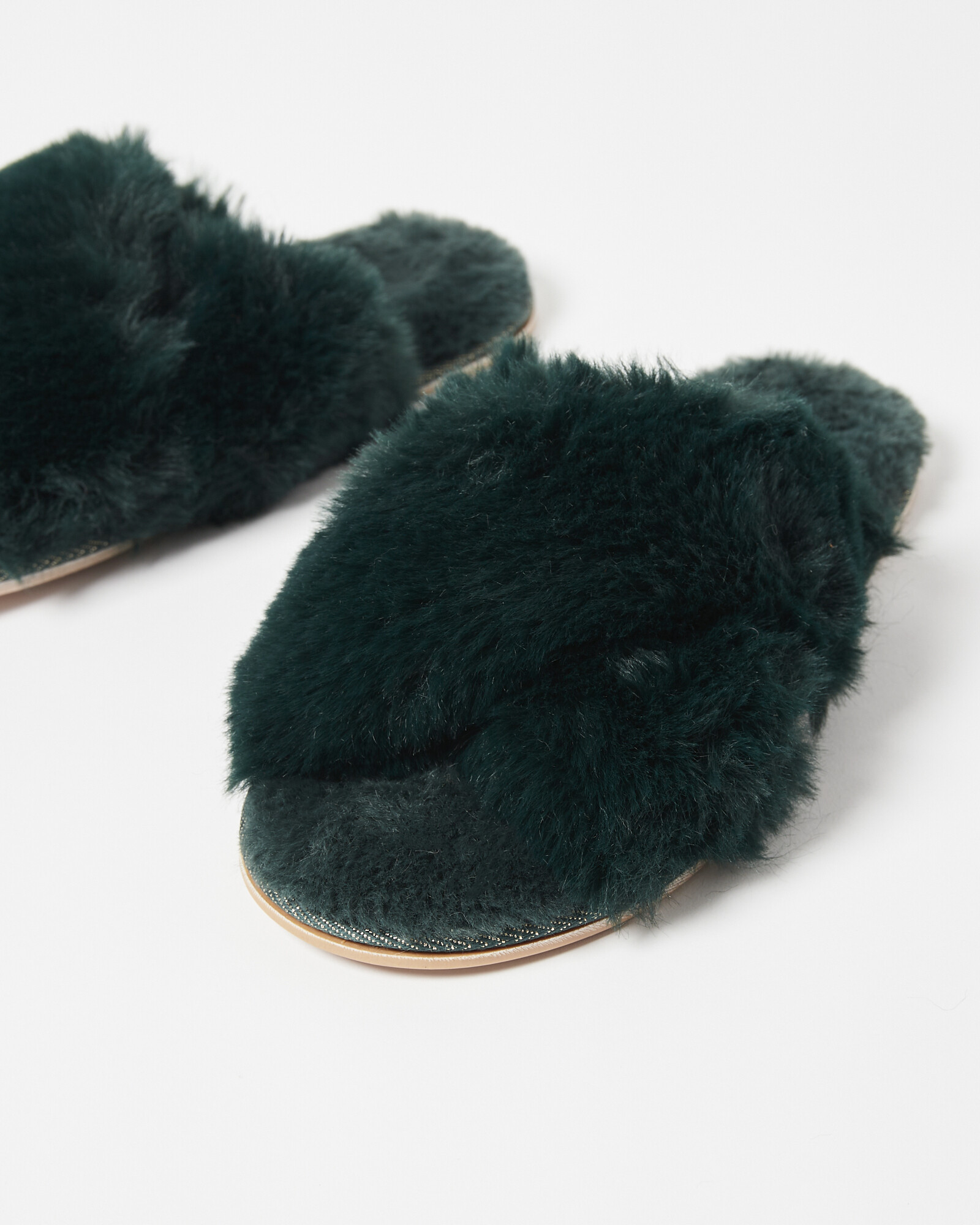 Cross Over Strap Green Faux Fur Slippers | Oliver Bonas