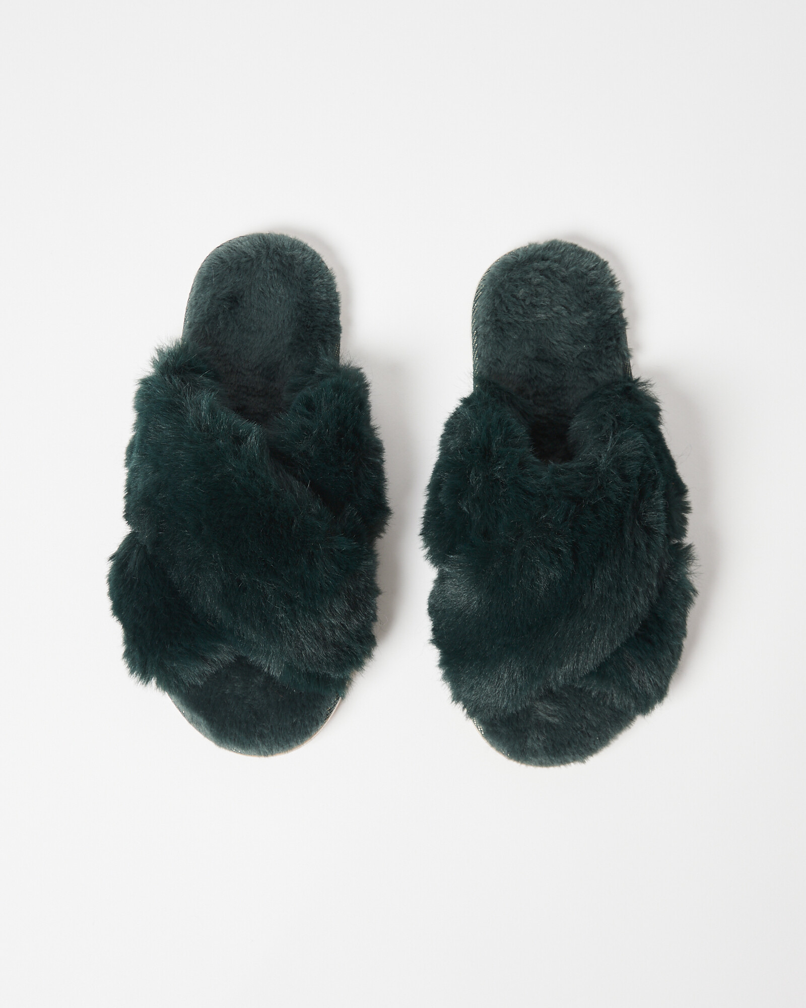 Cross Over Strap Green Faux Fur Slippers | Oliver Bonas