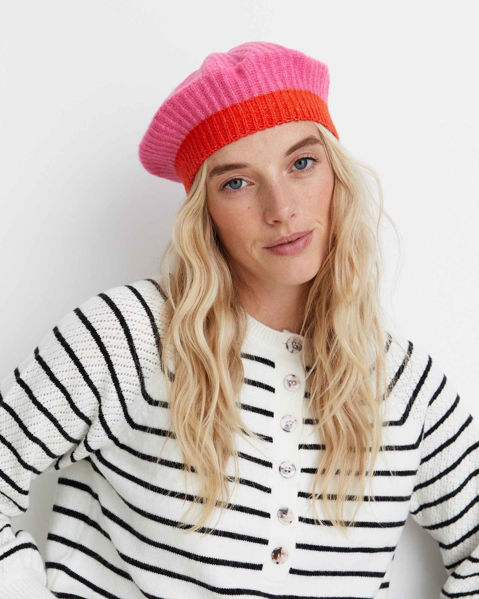 Colour Block Pink & Orange Knitted Beret Hat | Oliver Bonas