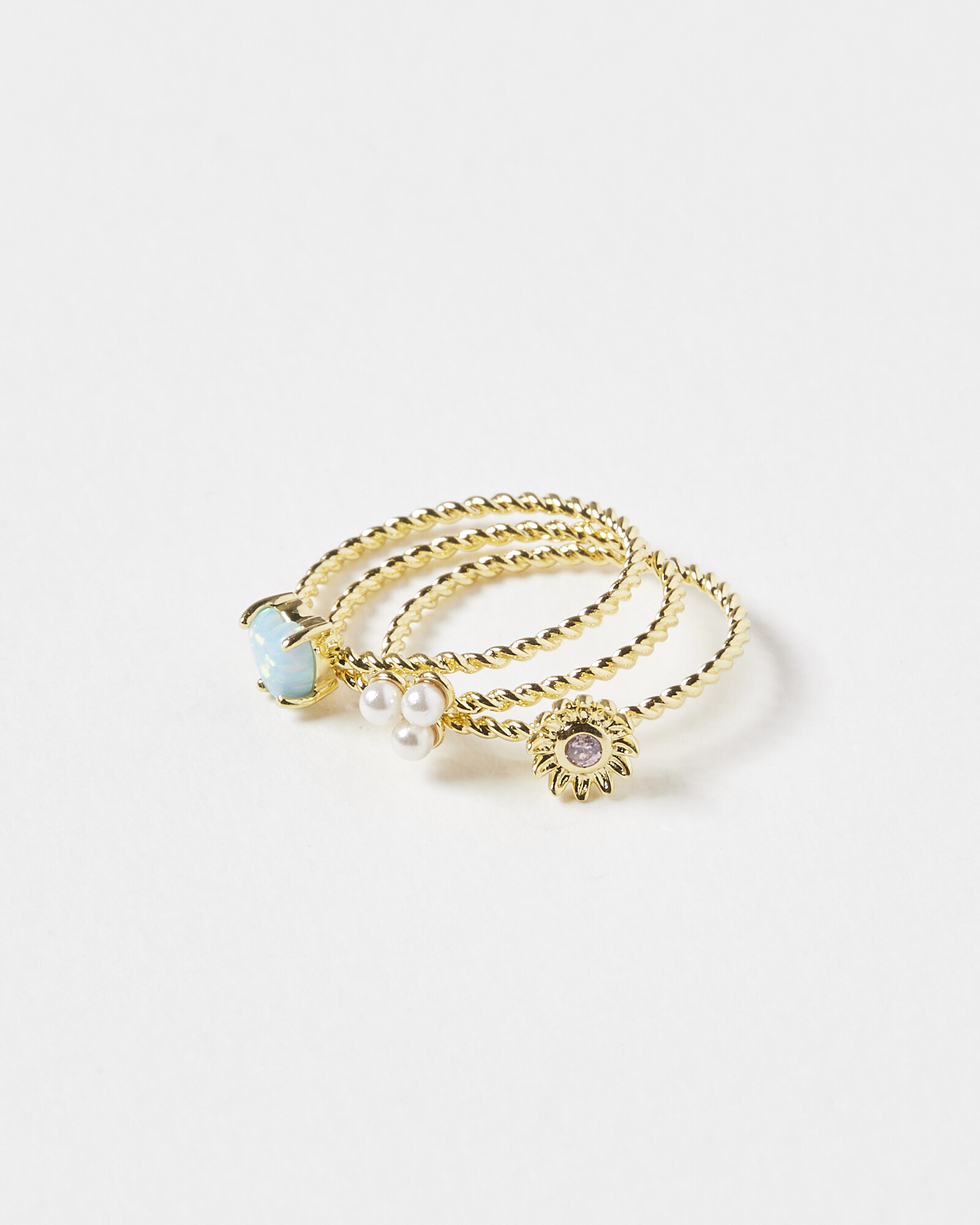 Ula Flower Pearl & Heart Stone Gold Plated Stacking Ring Set of Three | Oliver Bonas