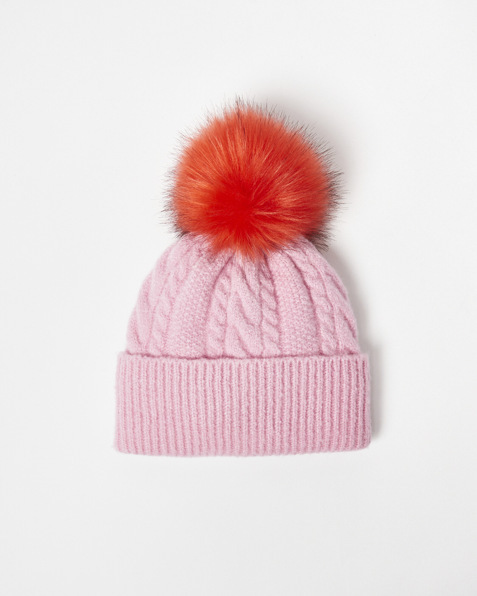 Cable Knit Pink & Orange Pom Beanie Hat | Oliver Bonas