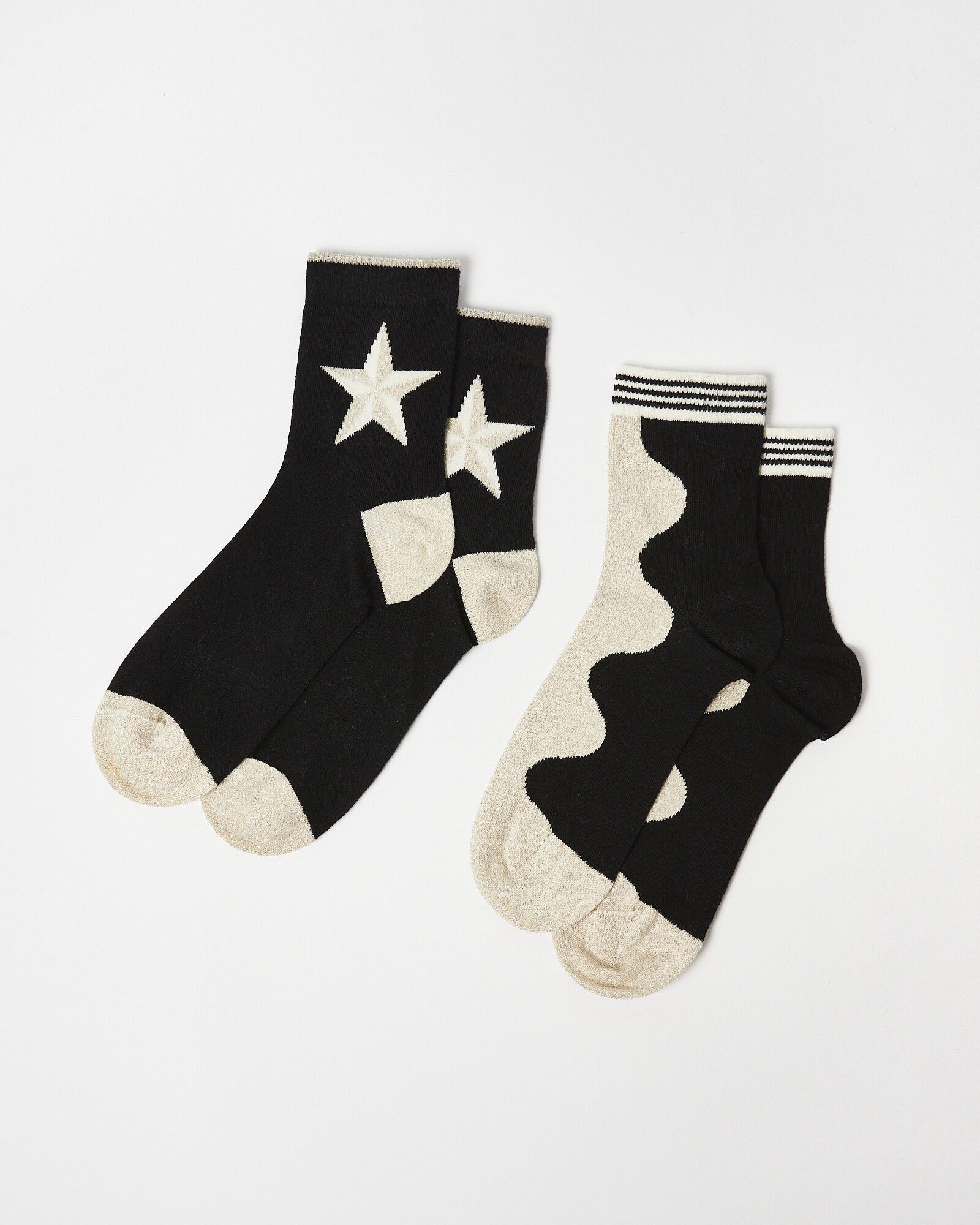 Glitter Star & Wiggle Black & Gold Ankle Socks Pack of Two | Oliver Bonas