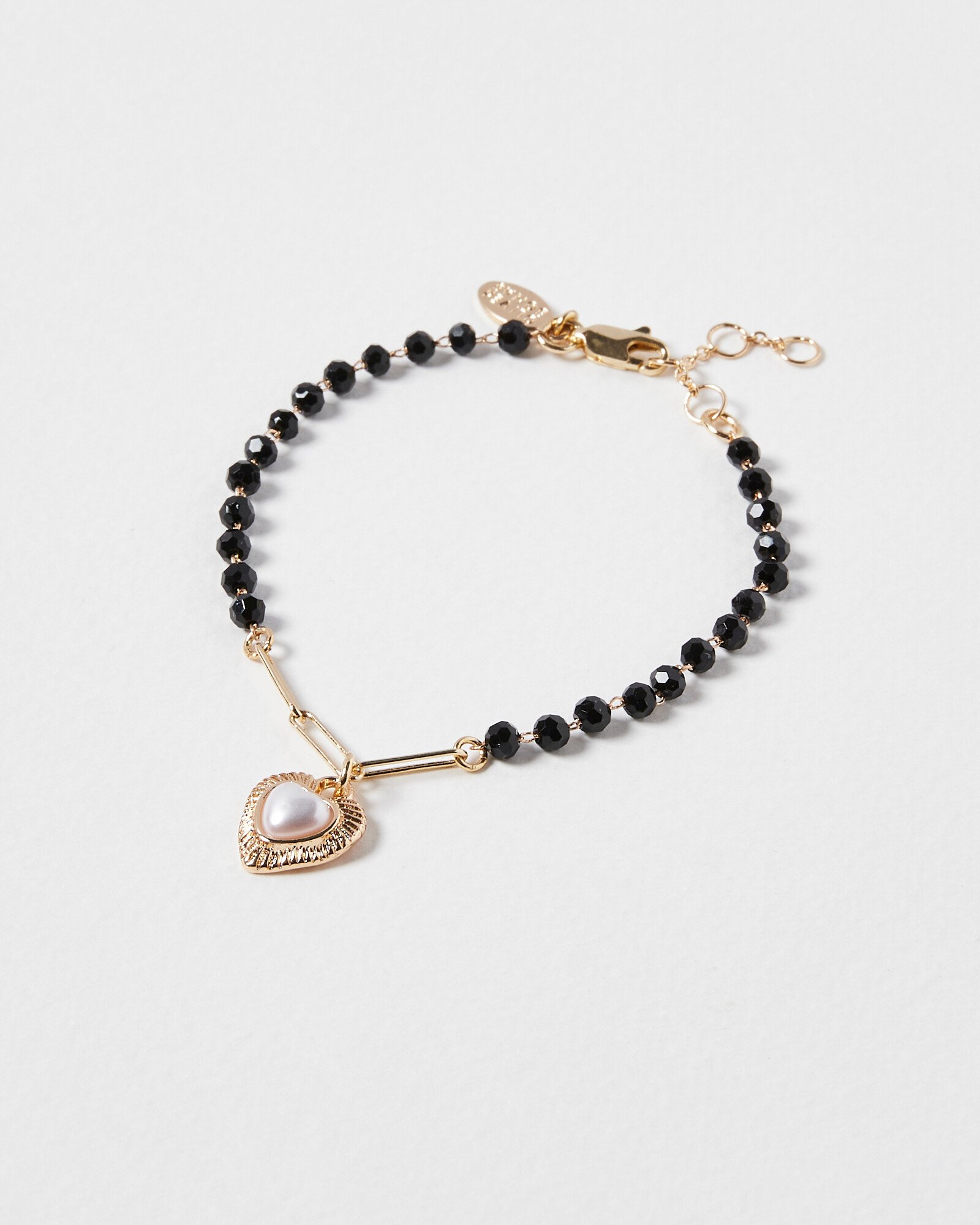 Ida Faux Pearl Heart Drop & Black Beaded Chain Bracelet | Oliver Bonas