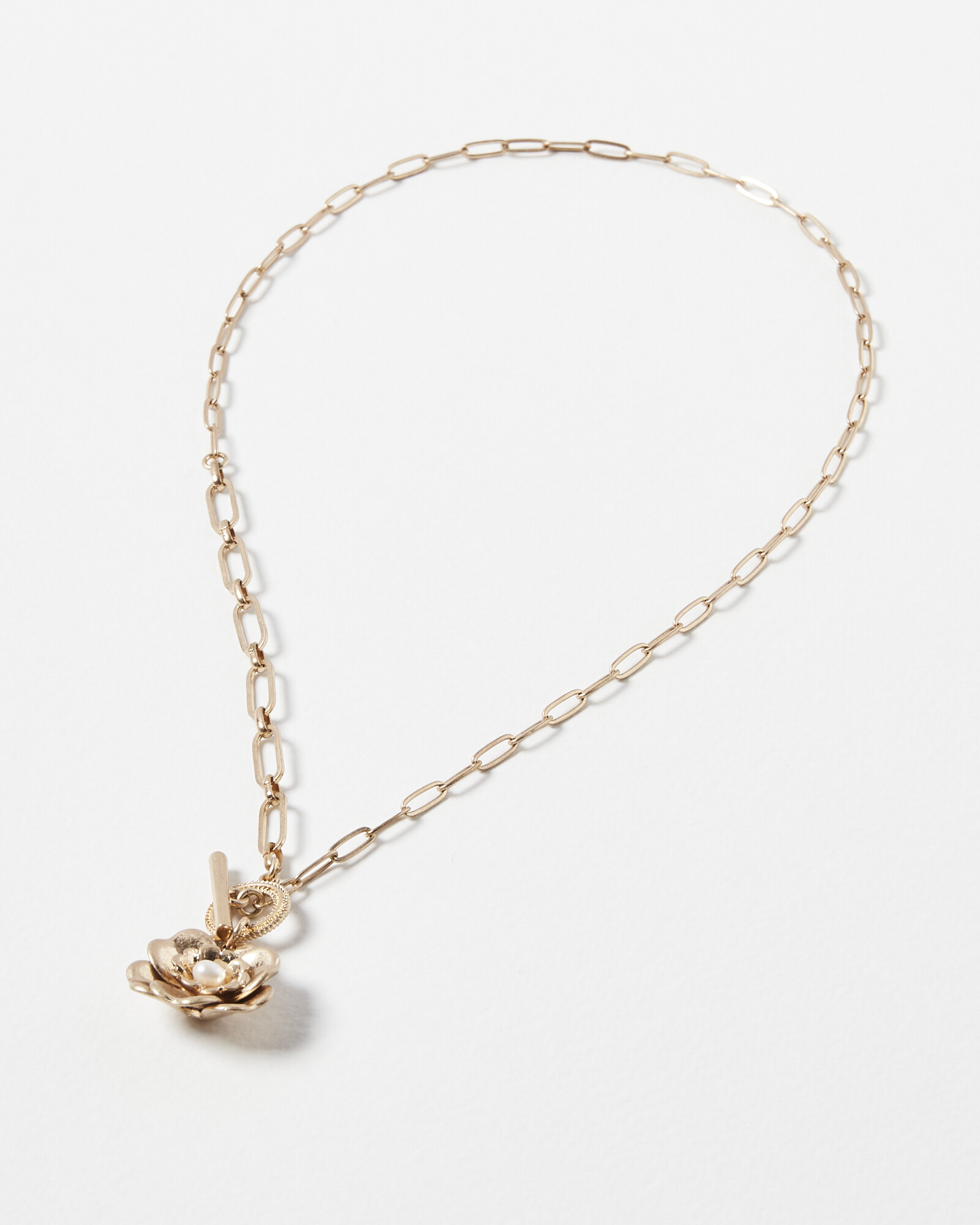 Polly Flower & Freshwater Pearl Pendant T Bar Gold Tone Chain Necklace ...