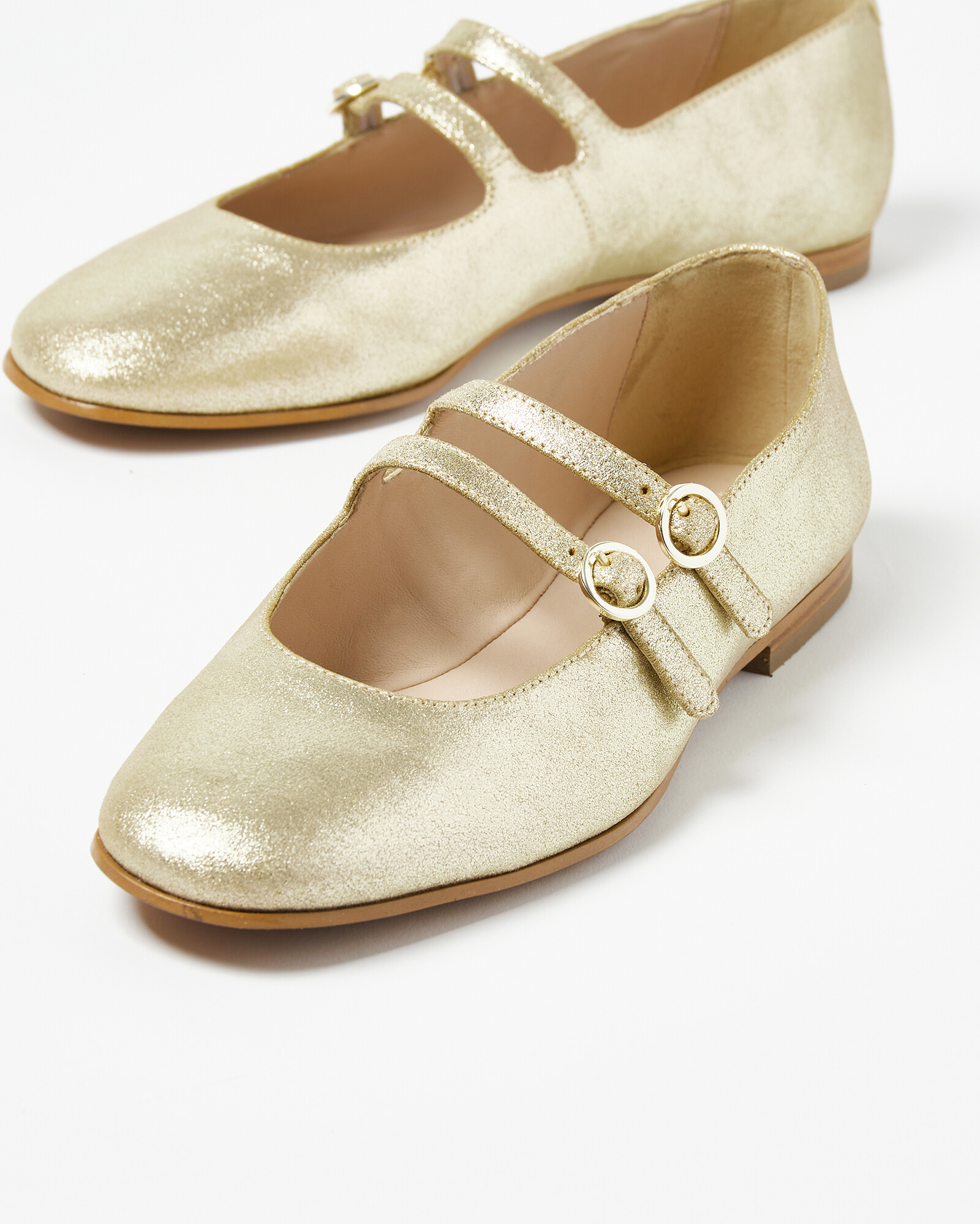 Mary Jane Double Buckle Golden Leather Shoes | Oliver Bonas