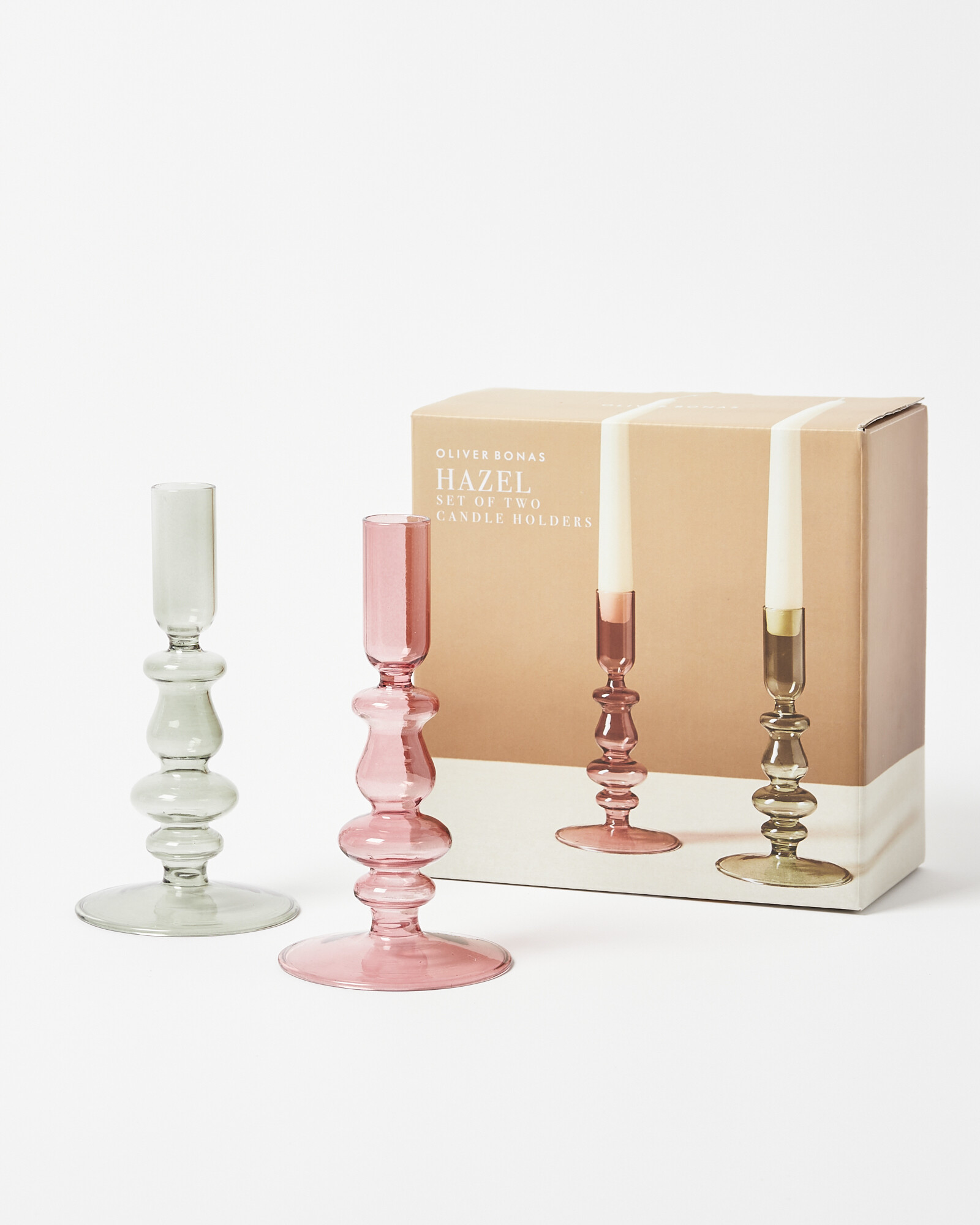 Hazel Glass Candlestick Holders Set Of Two | Oliver Bonas