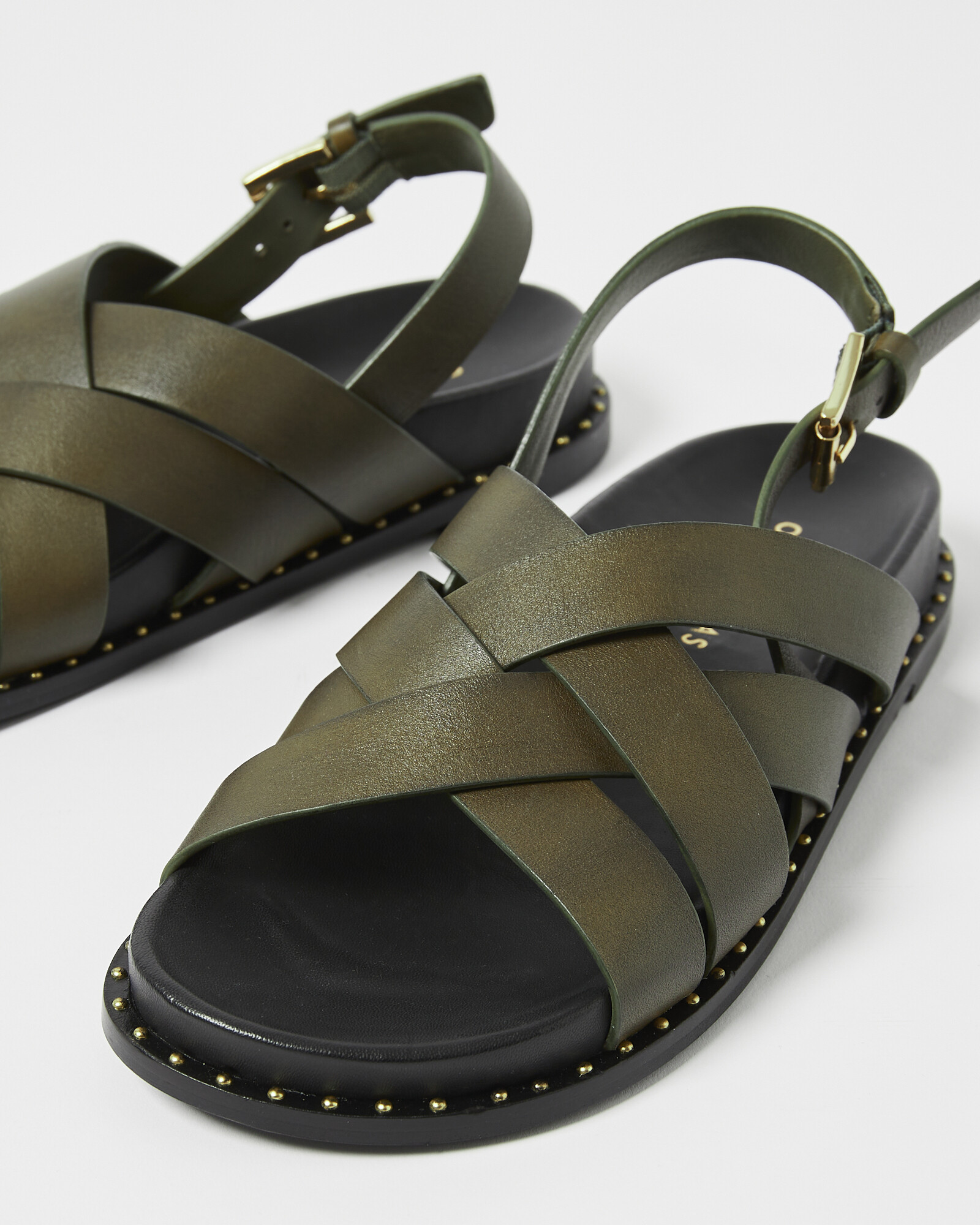 Cross Over Weave Studded Green Leather Sandals | Oliver Bonas