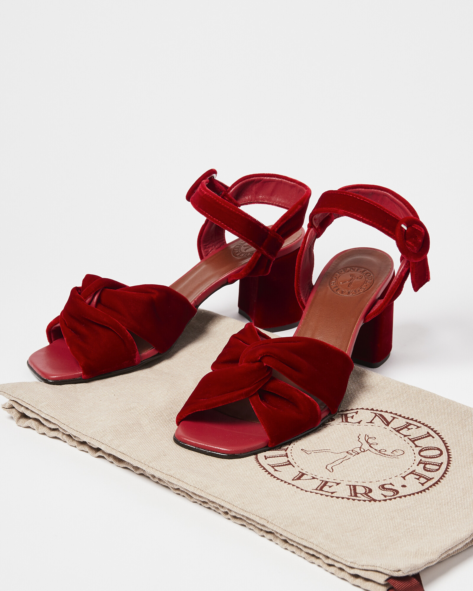 Penelope Chilvers Infinity Red Velvet Heeled Sandals | Oliver Bonas