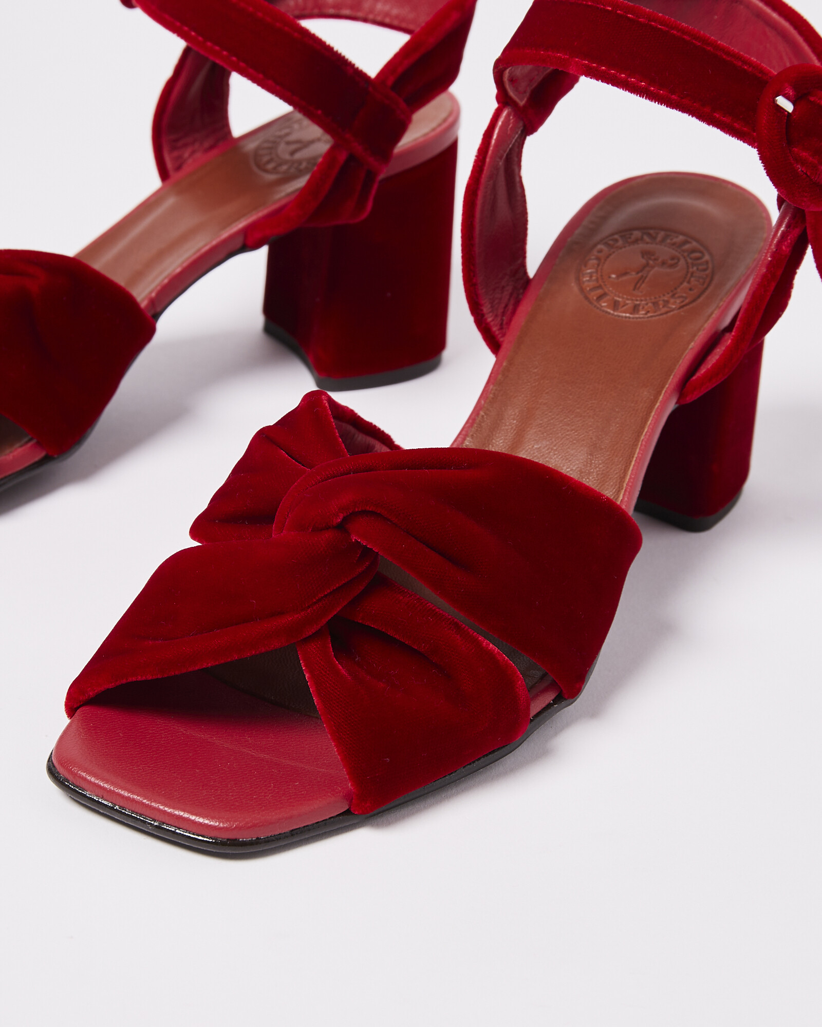 Penelope Chilvers Infinity Red Velvet Heeled Sandals | Oliver Bonas