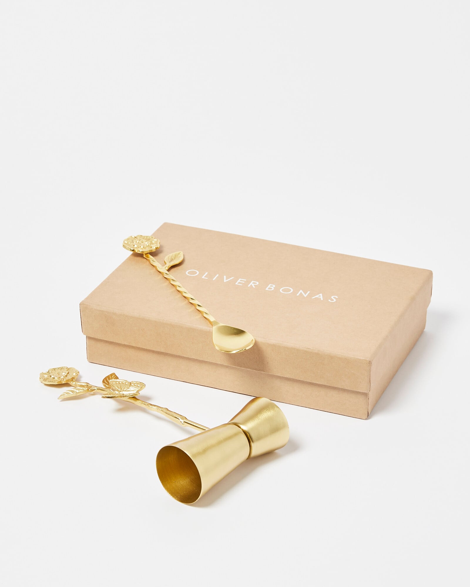 Floral Gold Metal Jigger & Spoon | Oliver Bonas