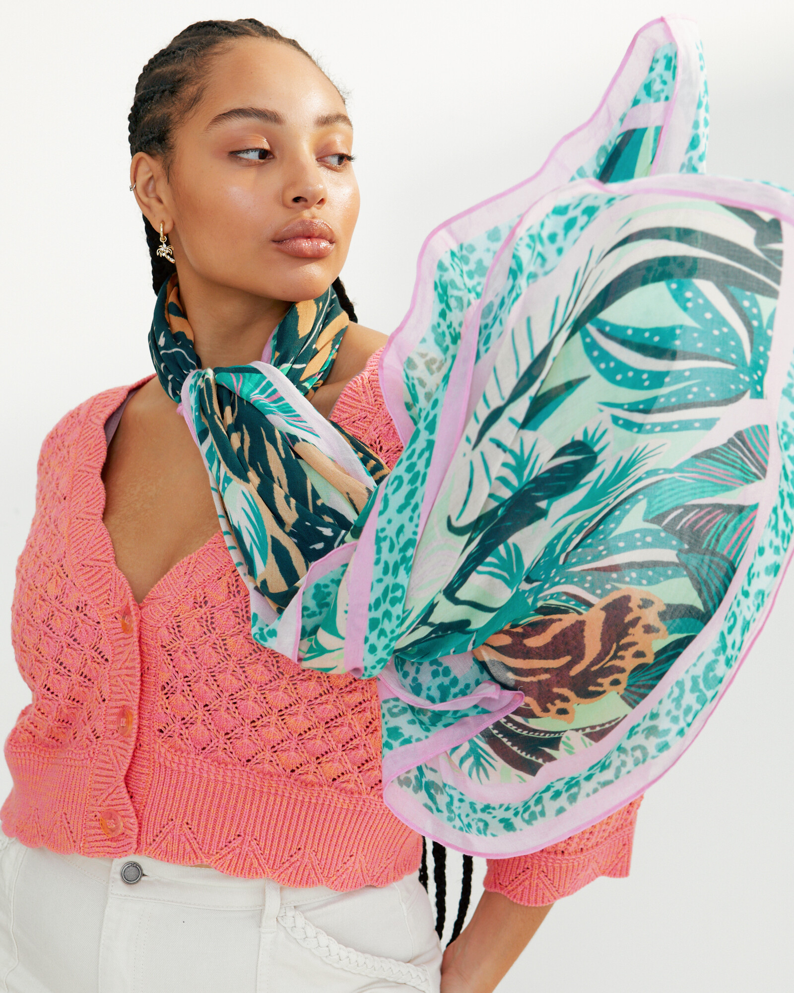 Jungle Tigers Green & Pink Lightweight Scarf | Oliver Bonas