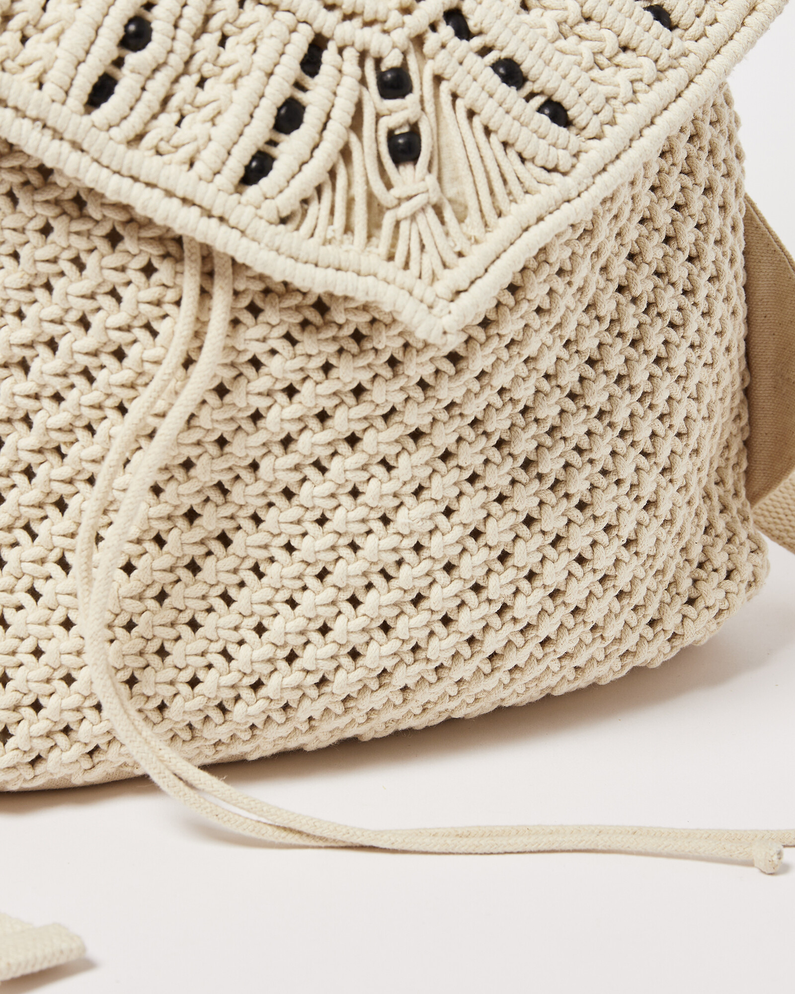 Beaded Macrame Cream Slouch Backpack | Oliver Bonas